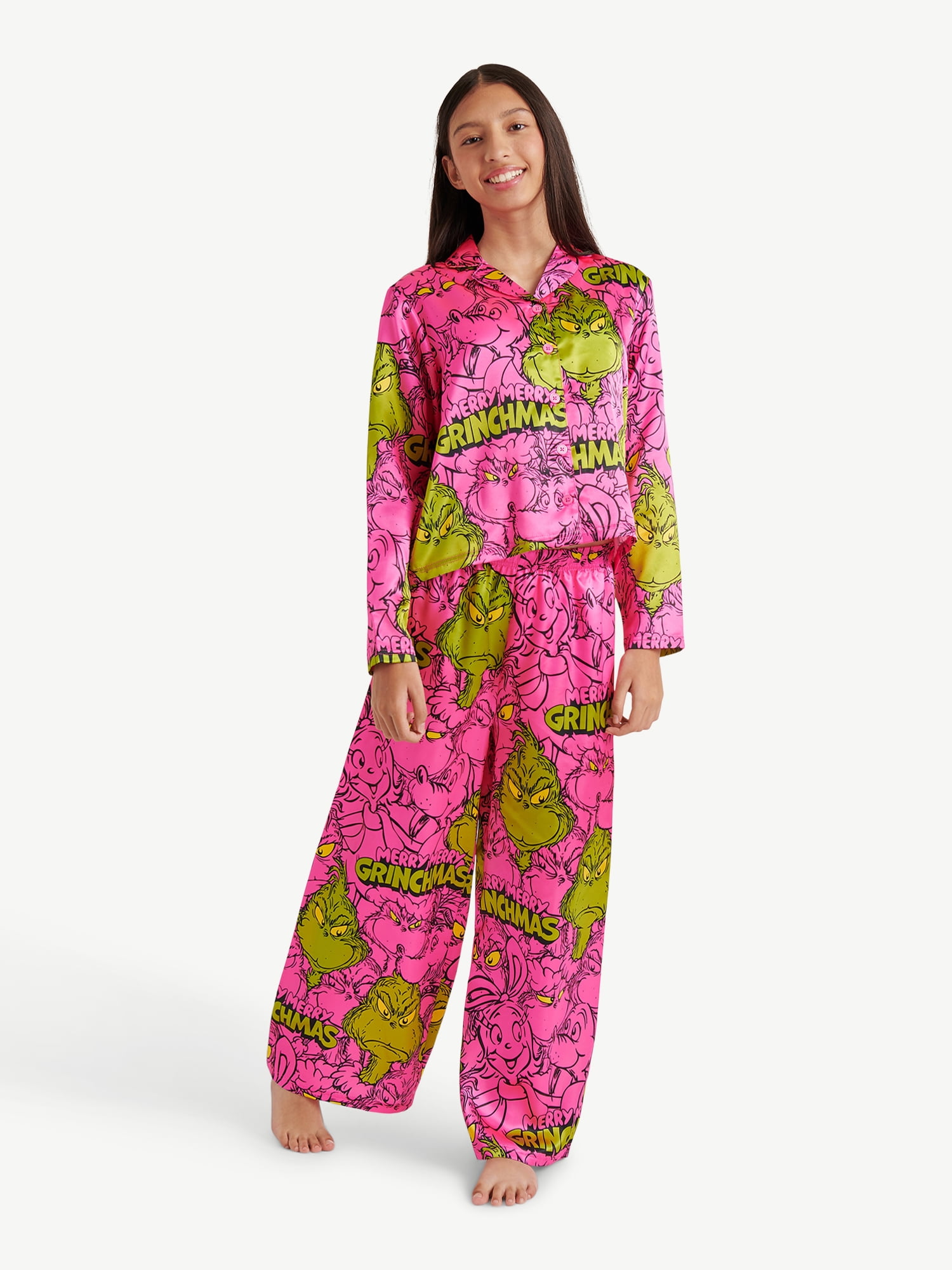 Justice x Grinch Girls Long Sleeve Notch Collar Sleep Top and Sleep ...