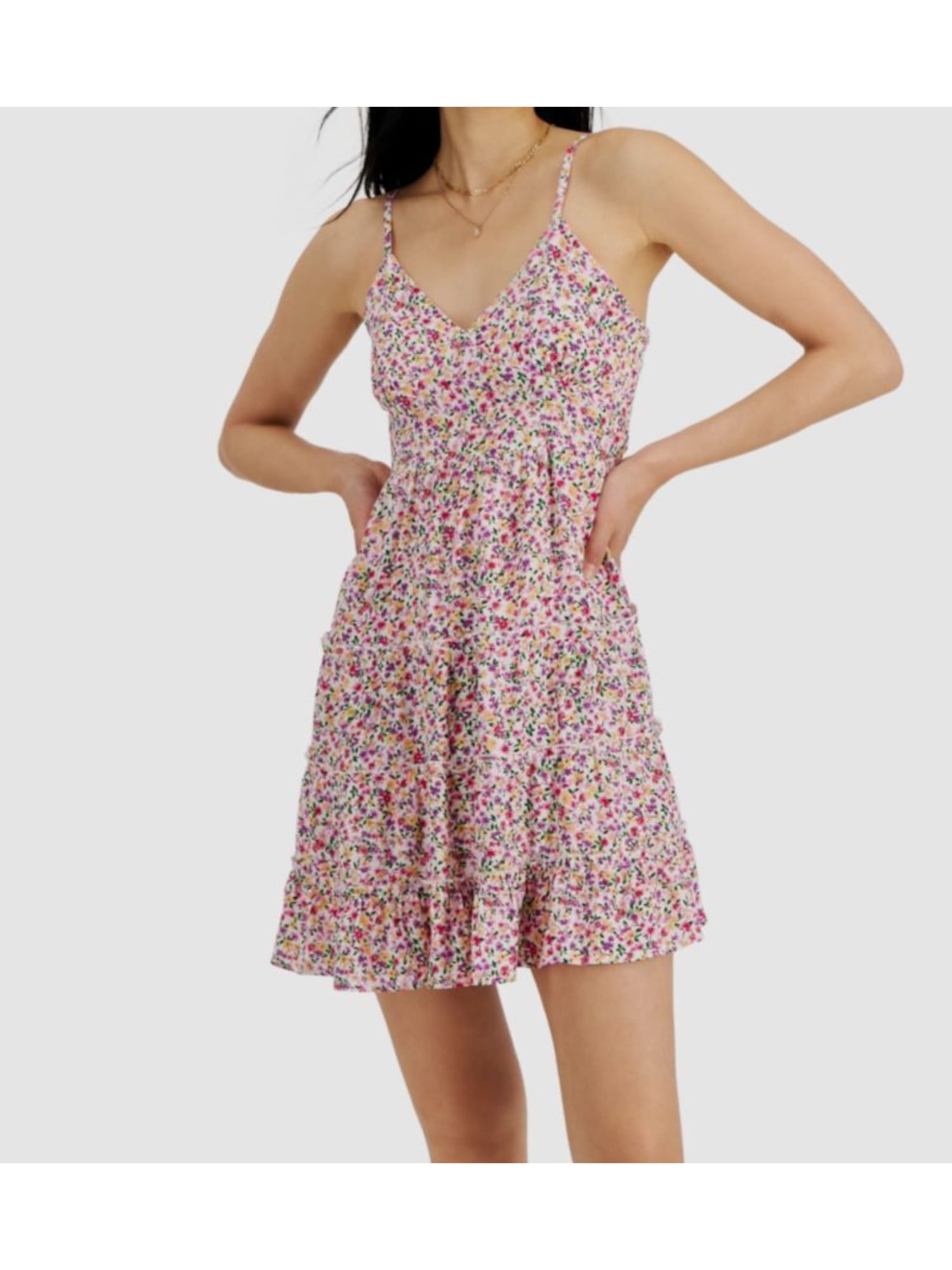 JUST POLLY NEW YORK Womens White Smocked Ruffled Tiered Partially Lined Tie Waist Floral ...