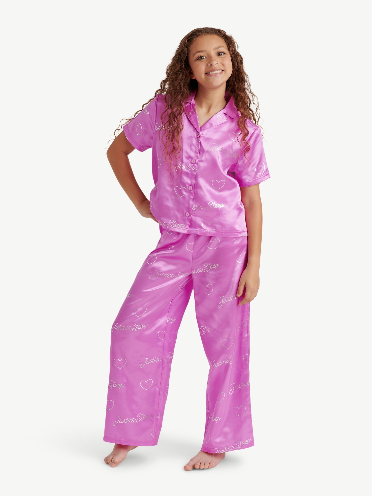 Justice Girls Satin Short Sleeve Button Front Sleep Top and Sleep Pants ...