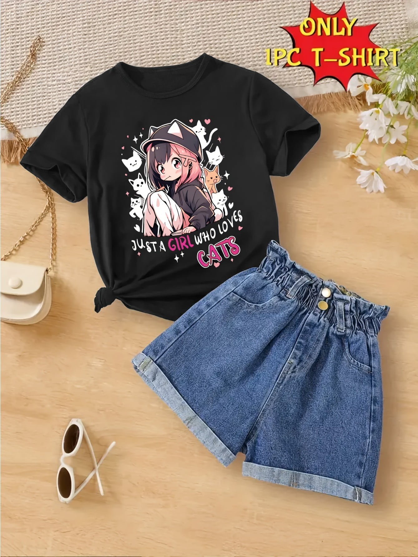 JUSTA GIRLWHO LOVES CATS LITTLE GIRL PATTERN GIRLS T-SHIRT - SOFT ...