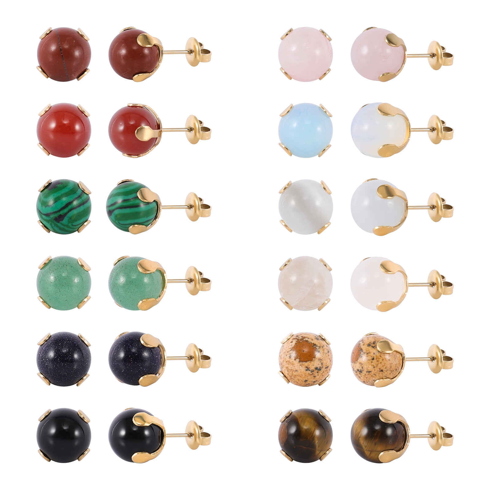 JUSTJANDM 12 Pairs Multi Natural Gemstone Round Bead Ball Stud Earrings ...