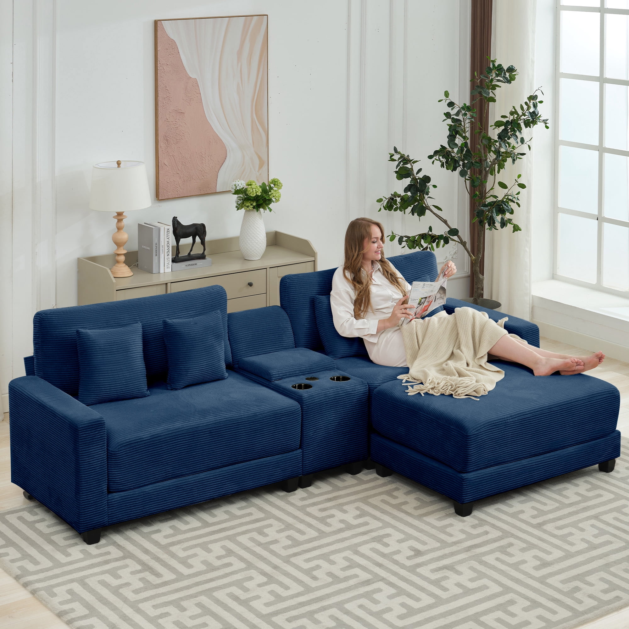 JUSTLET 111.8" L-Shaped Sectional Sofa with Ottoman, Corduroy 4 Seat ...