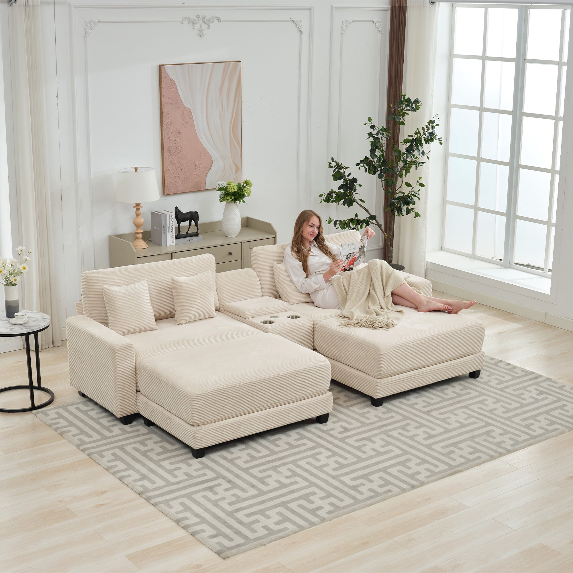 JUSTLET 111.8" U-Shaped Sectional Sofa with 2 Ottomans, Corduroy 4 Seat ...