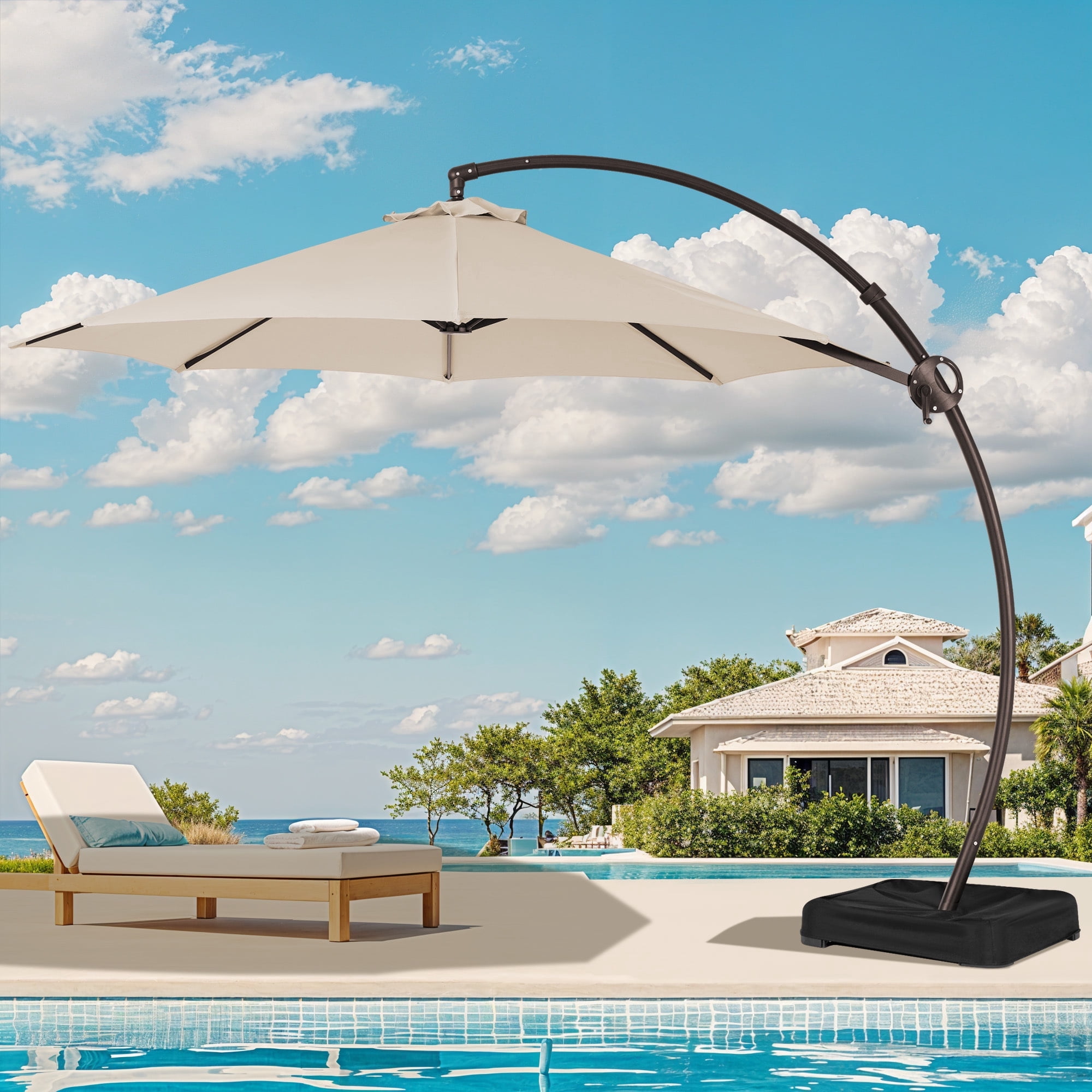 JUSTLET 11FT Arched-Pole Cantilever Hanging Patio Umbrella with base ...