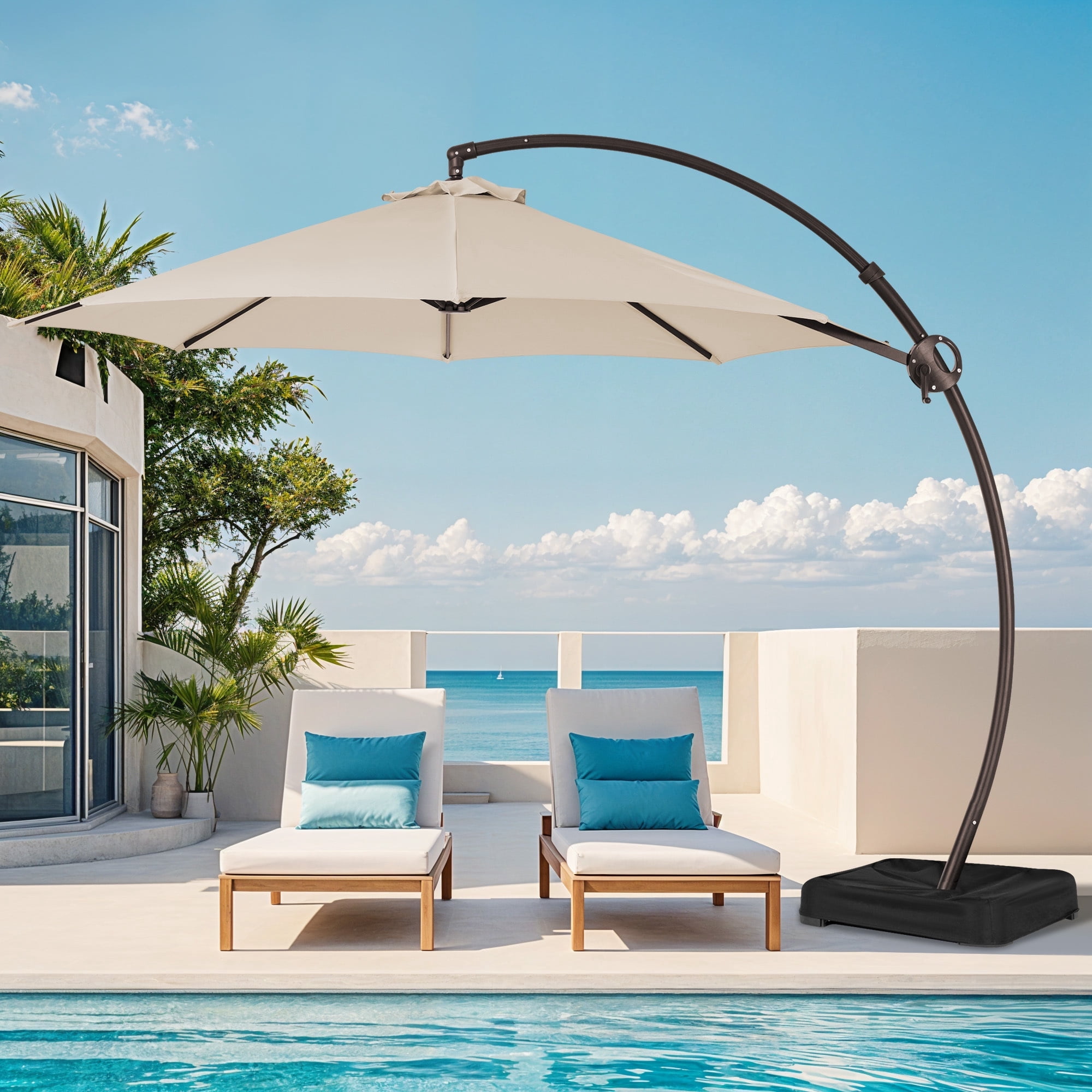 JUSTLET 12FT Arched-Pole Cantilever Hanging Patio Umbrella with base ...