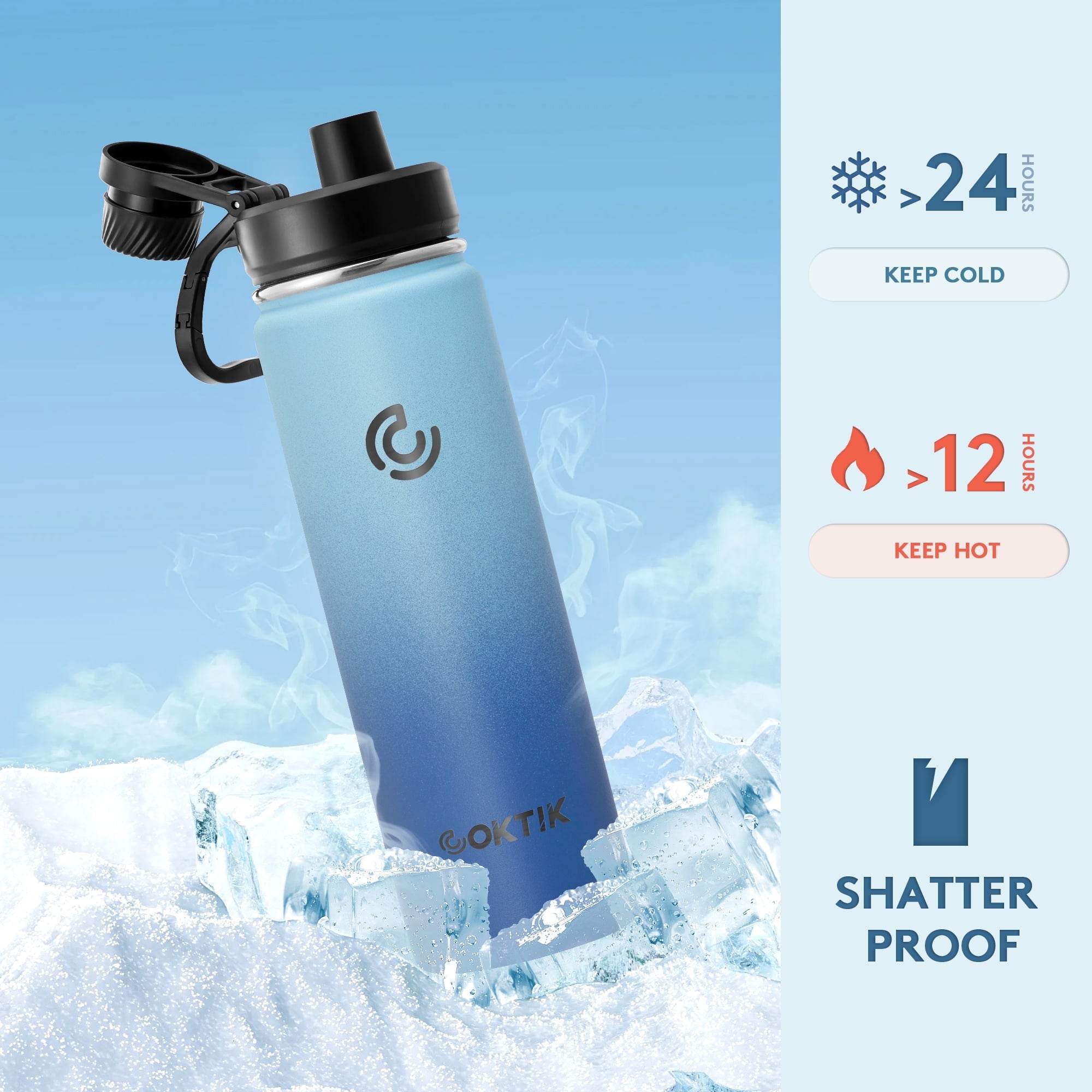 JUSTLET 22 oz (650ml) Insulated Stainless Steel Water Bottle with 3 Leak-Proof Lids, Blue Waves ...