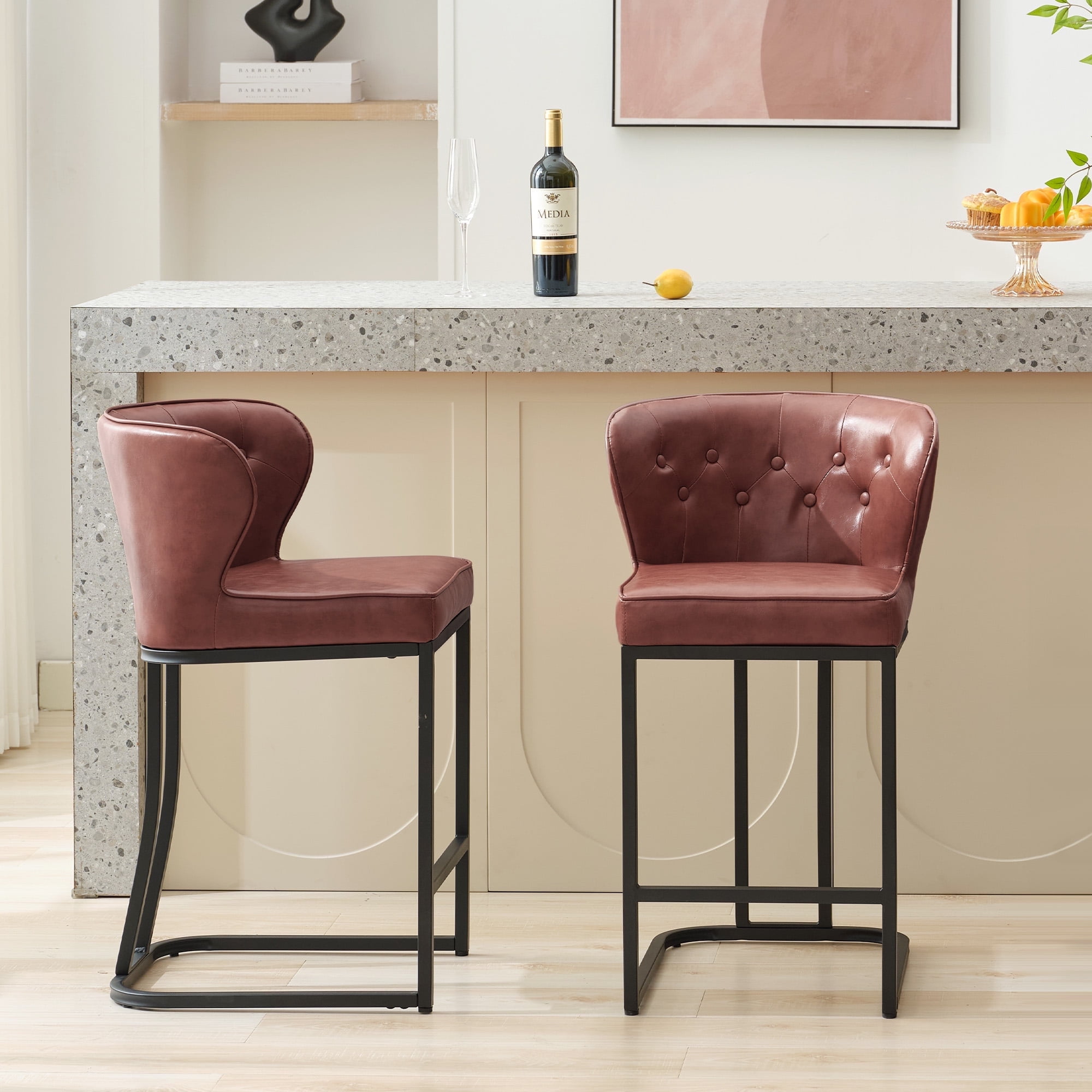 JUSTLET 24" Retro Leather Bar Stools Set of 2, Counter Height Barstools ...