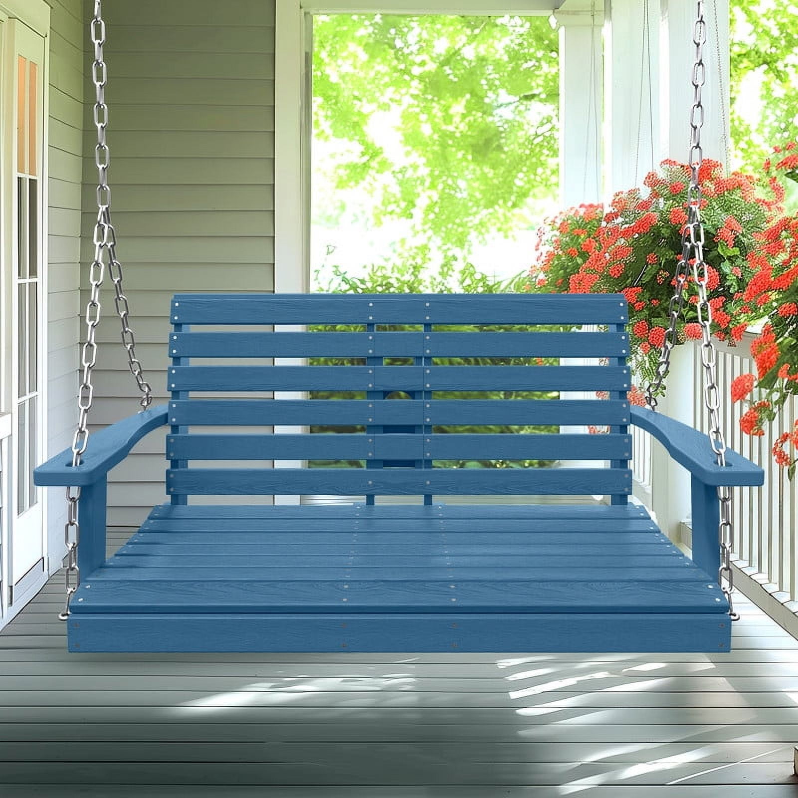 JUSTLET HDPE Plastic Outdoor Porch Swing with Cup Holder Navy Blue