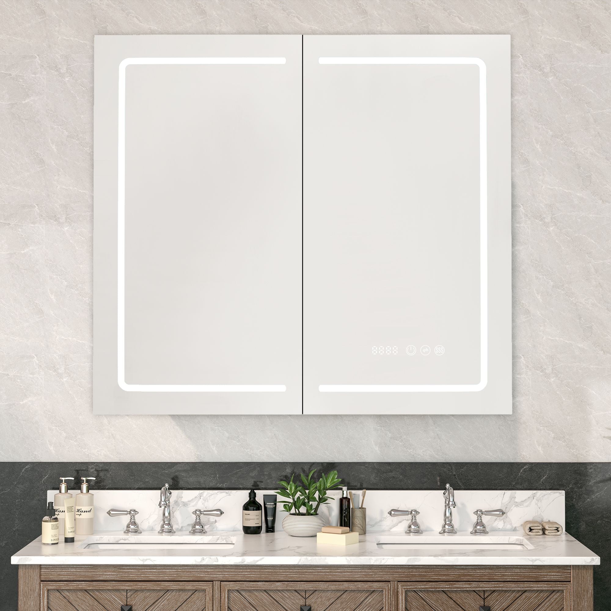 JUSTLET LED Bathroom Medicine Mirror Cabinet with Lights, 31.89" W x 27.56" H Wall-Mounted ...