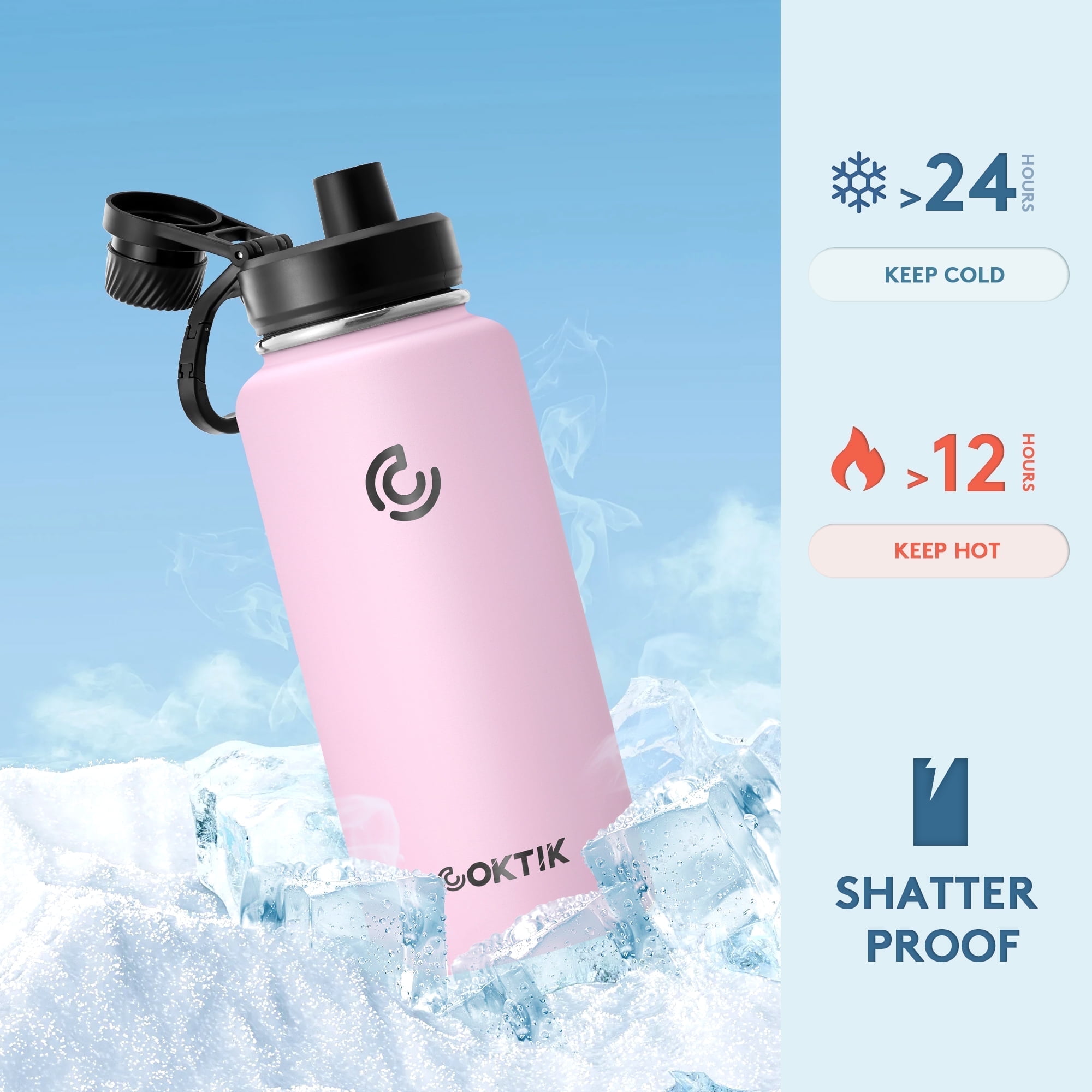 JUSTLET 32 oz (950ml) Insulated Stainless Steel Water Bottle with 3 Leak-Proof Lids, Blush ...