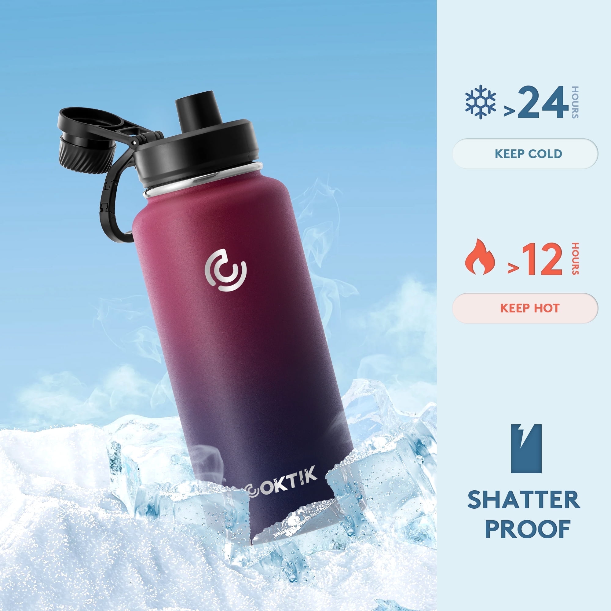 JUSTLET 32 oz (950ml) Insulated Stainless Steel Water Bottle with 3 Leak-Proof Lids, Midnight ...