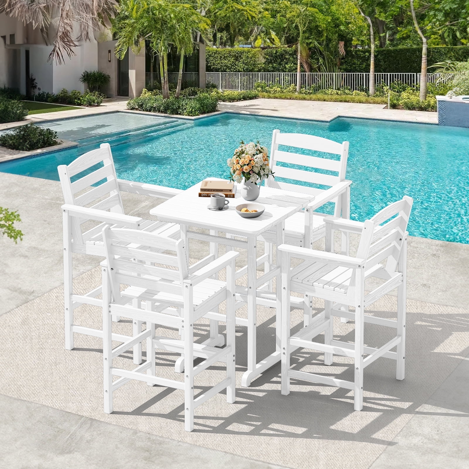 JUSTLET 5-Piece HDPE Outdoor Plastic Balcony Chair Set with Bar Stools ...