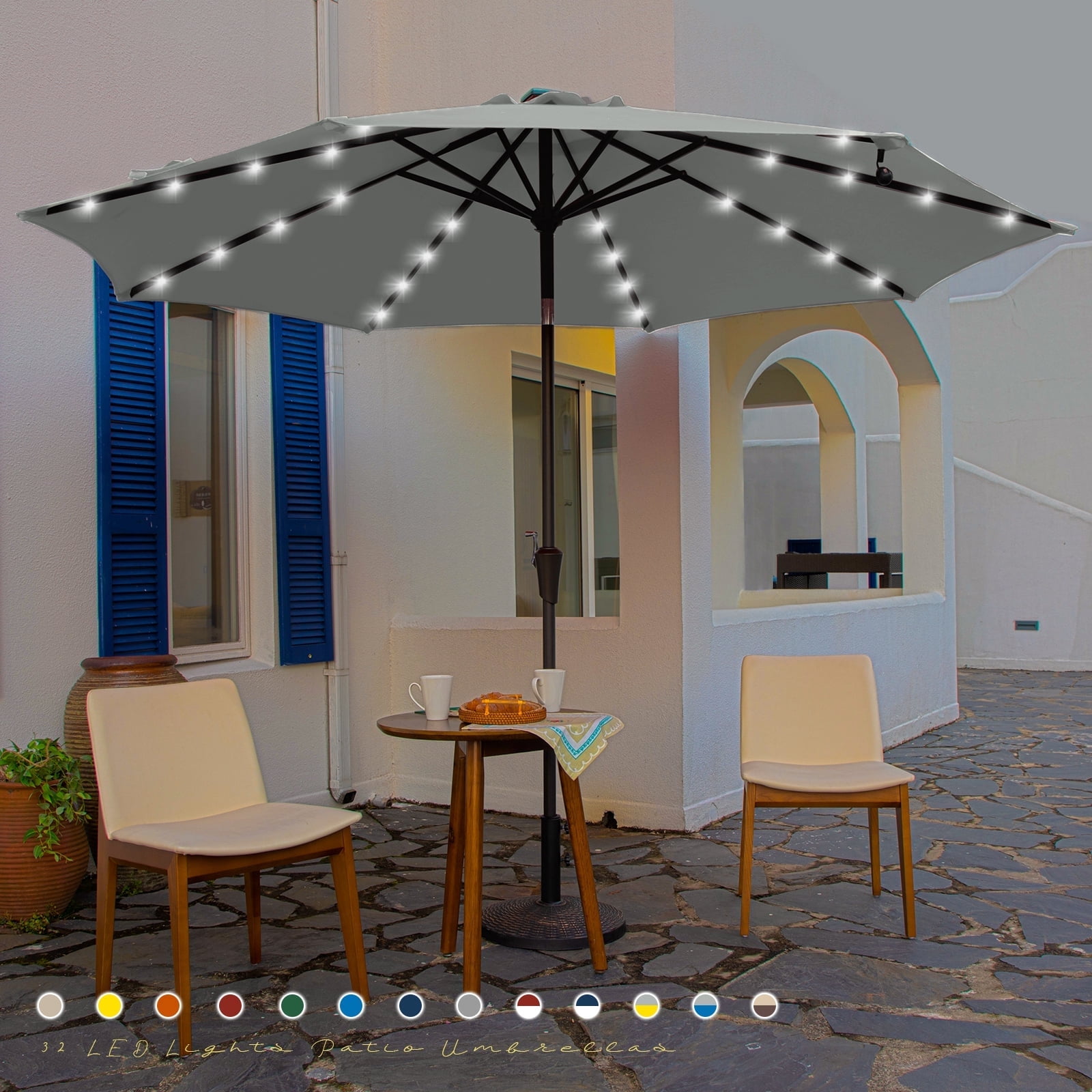 JUSTLET 9' Outdoor Patio Market Solar Umbrella w/ LED Lights, Gray ...