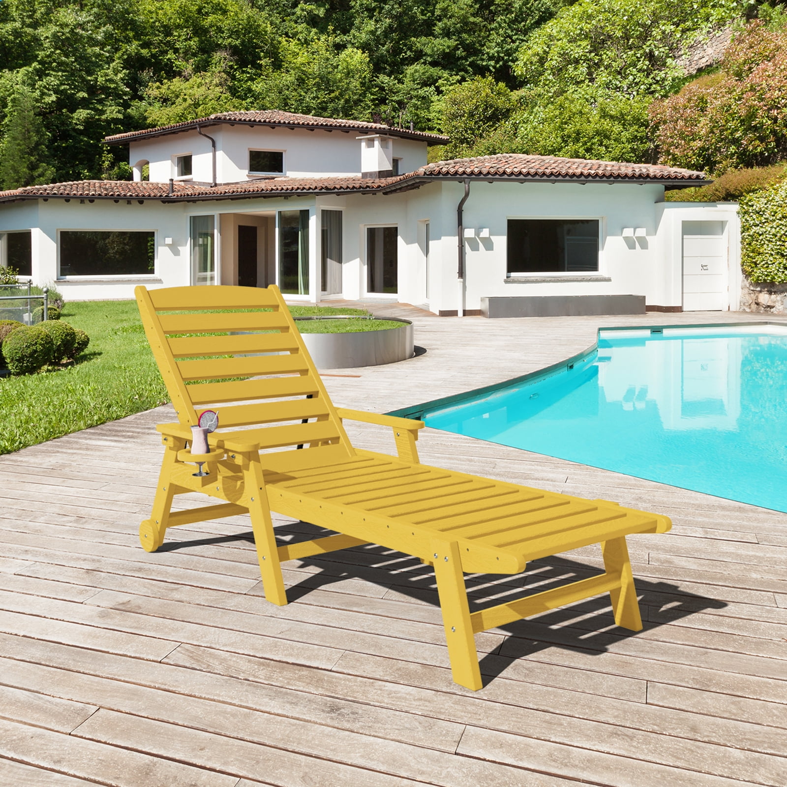 JUSTLET Adjustable Wheeled HDPE Plastic Outdoor Patio Lounge Chair W ...