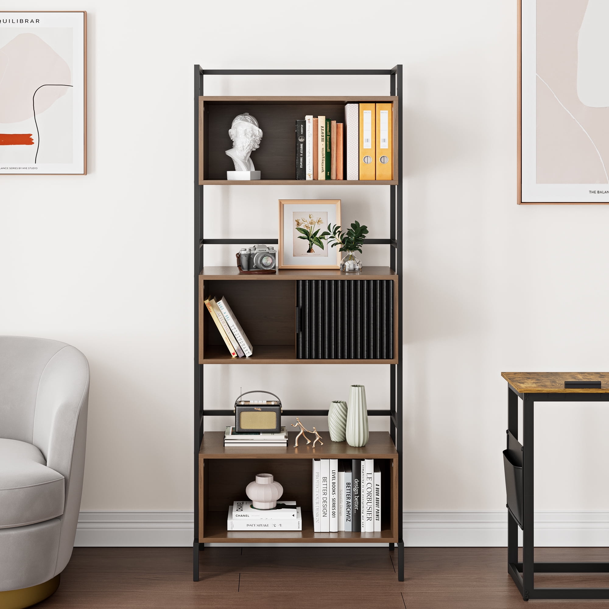 JUSTLET Bookshelf with Doors, Display Standing Shelf Units with Legs ...