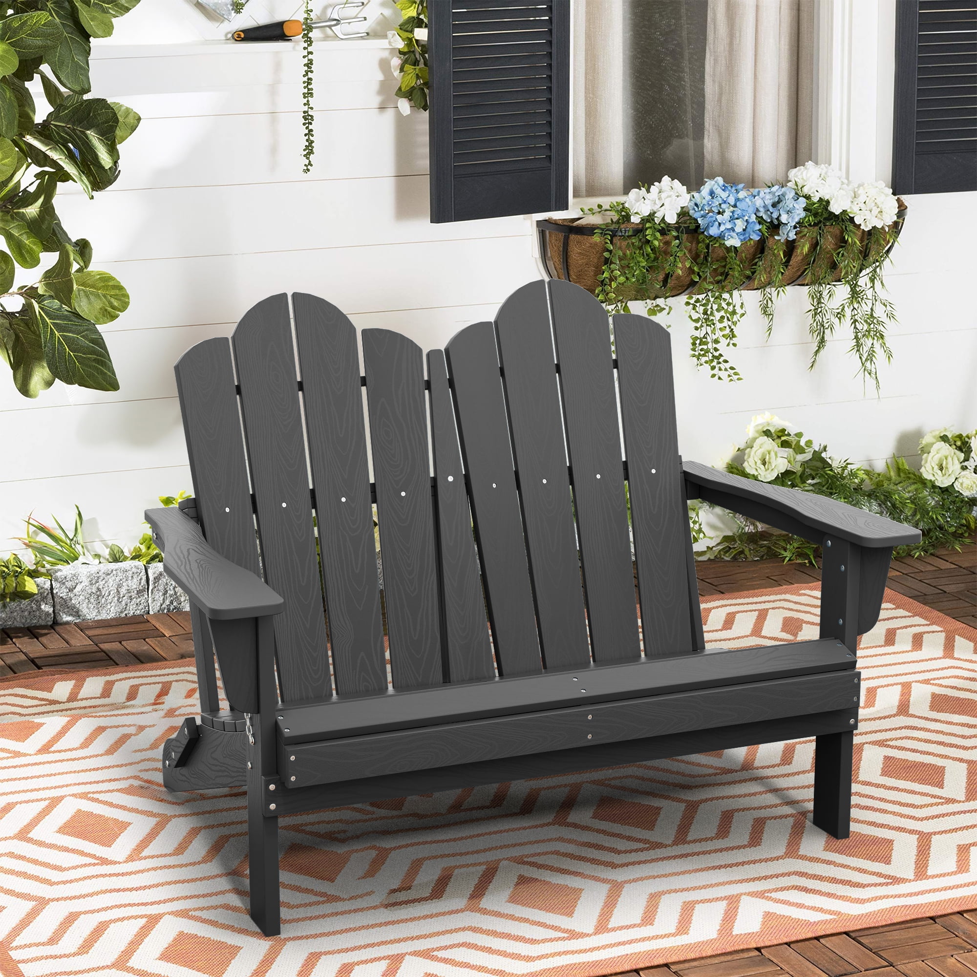 JUSTLET Folding Adirondack Loveseat, HDPE All-Weather,Outdoor Plastic ...