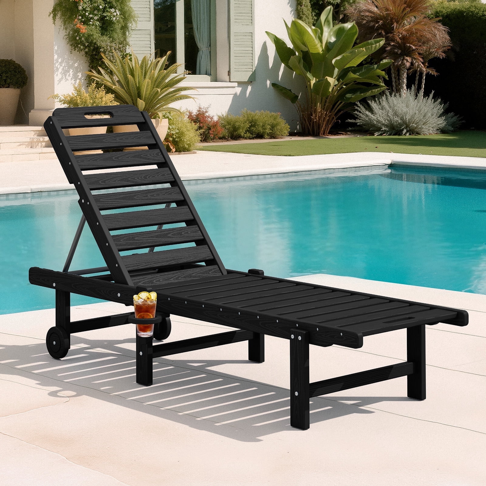 Justlet Hdpe Outdoor Chaise Lounge Chair With Wheels Cup Holder 5