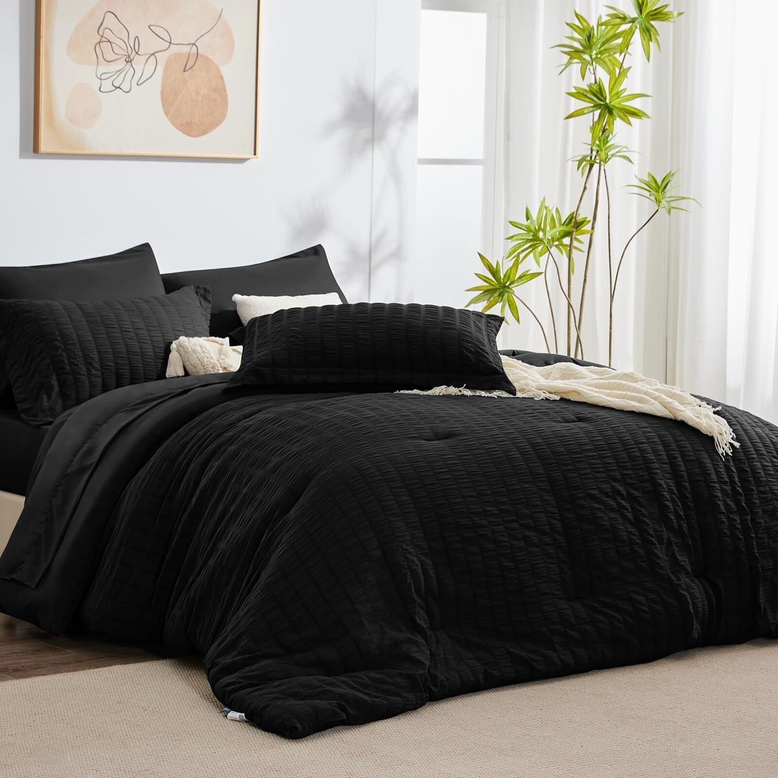 JUSTLET King Seersucker Comforter Set with Sheets Black Bed in a Bag 7 ...