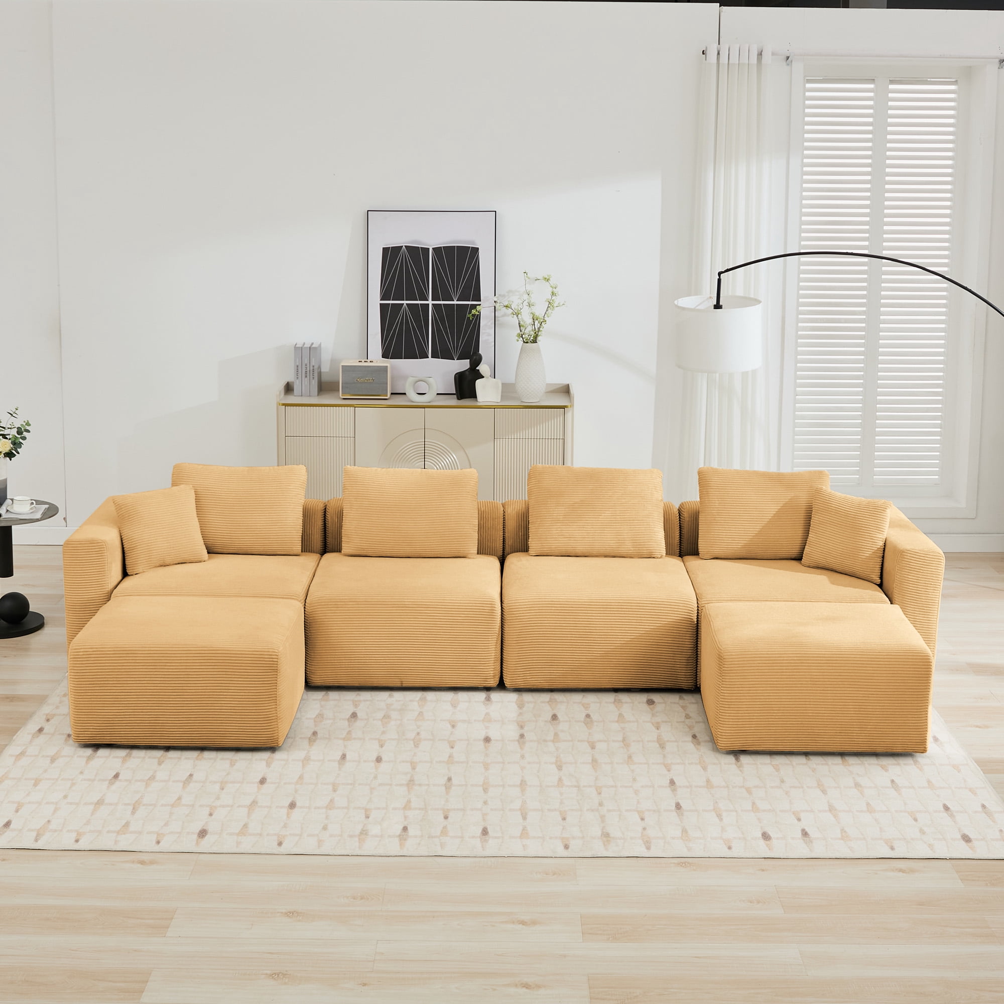 JUSTLET Modern U-Shaped Sofa with Wide Arms and 2 Ottomans, Plush ...