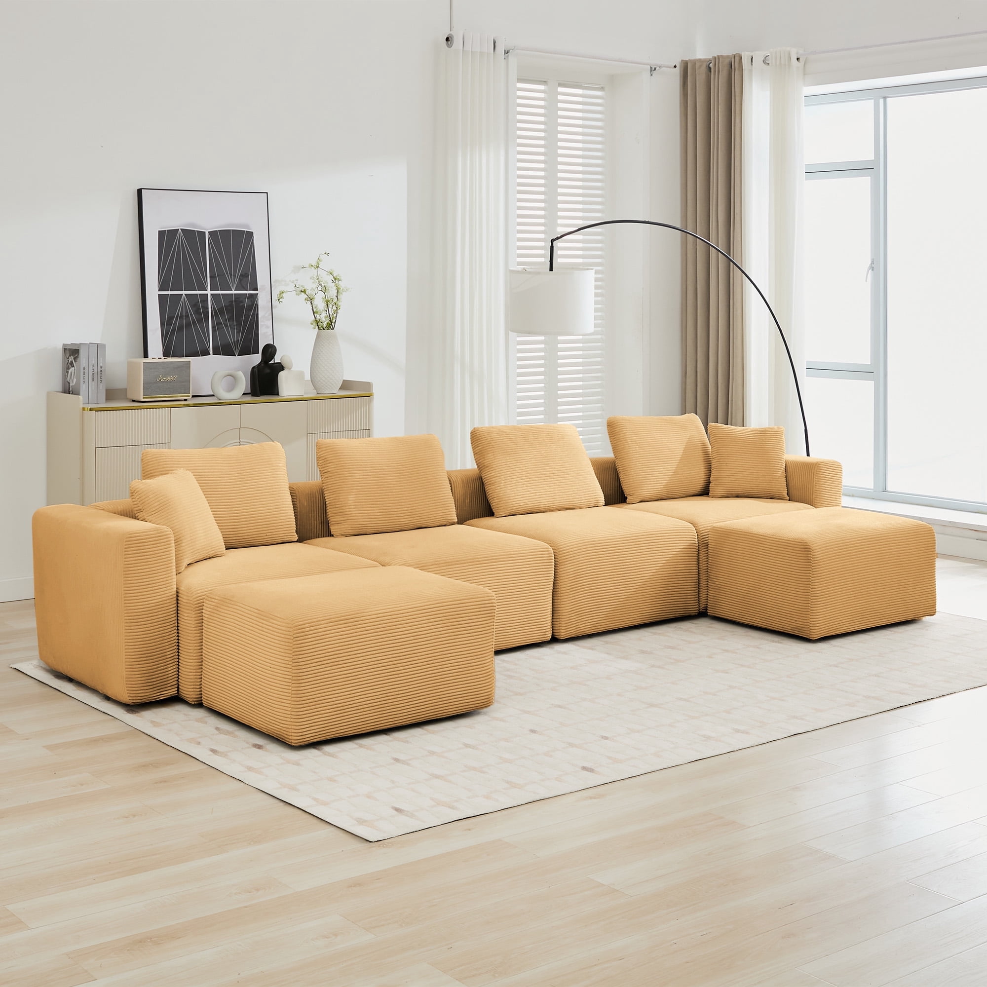 JUSTLET Modern U-Shaped Sofa with Wide Arms and 2 Ottomans, Plush ...