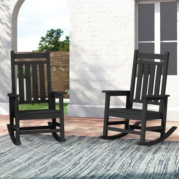 JUSTLET Outdoor Rocking Chairs, Black HDPE Plastic Porch Rocker Set of ...