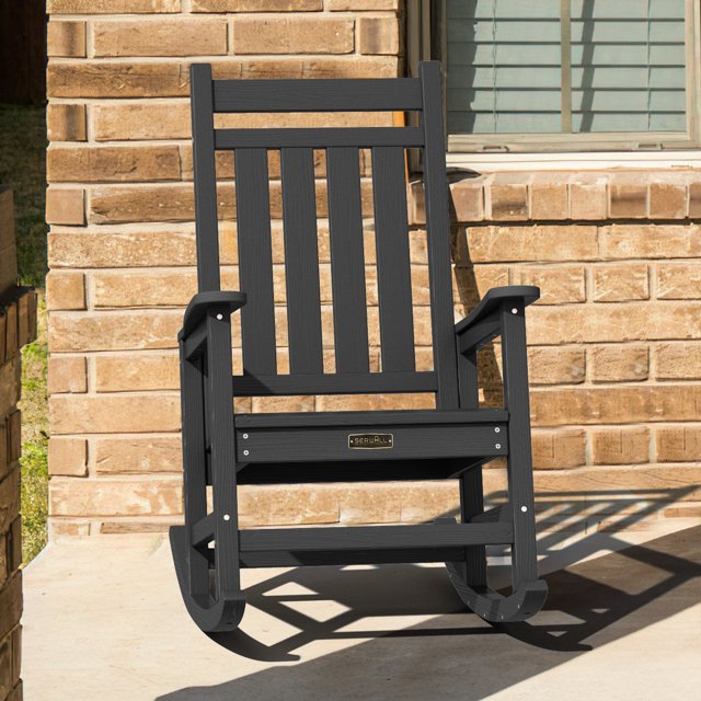 JUSTLET Outdoor Slat Rocking Chair, HDPE Plastic Porch Rocker, Black ...