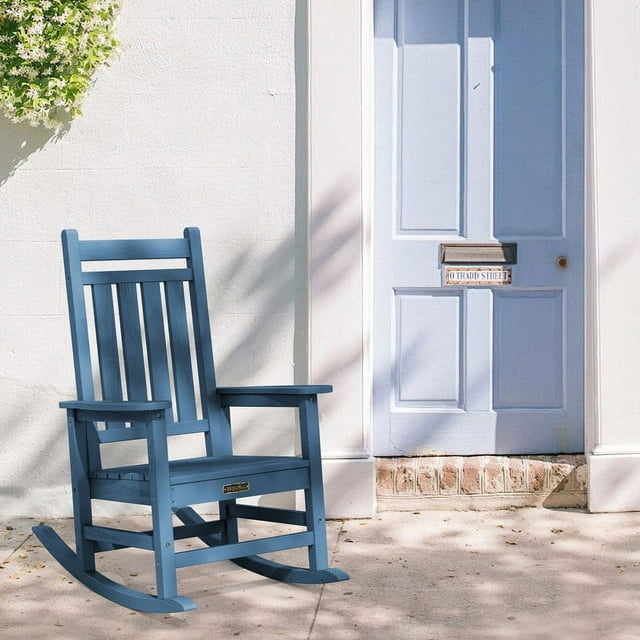 JUSTLET Outdoor Slat Rocking Chair, HDPE Plastic Porch Rocker, Blue ...