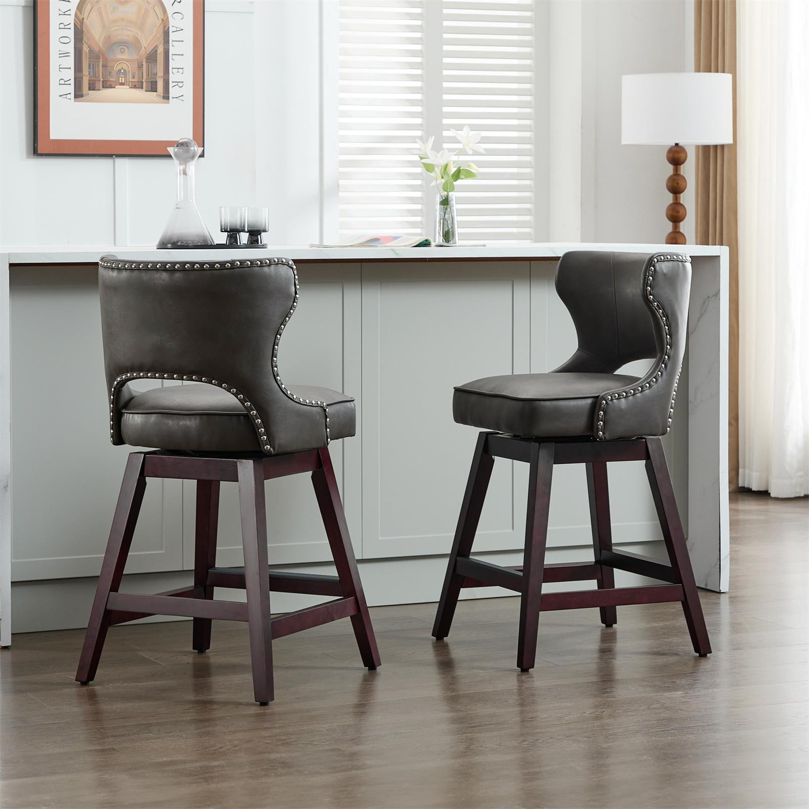 JUSTLET PU Leather Bar Stools Set of 2, Swivel Counter Height Chairs ...