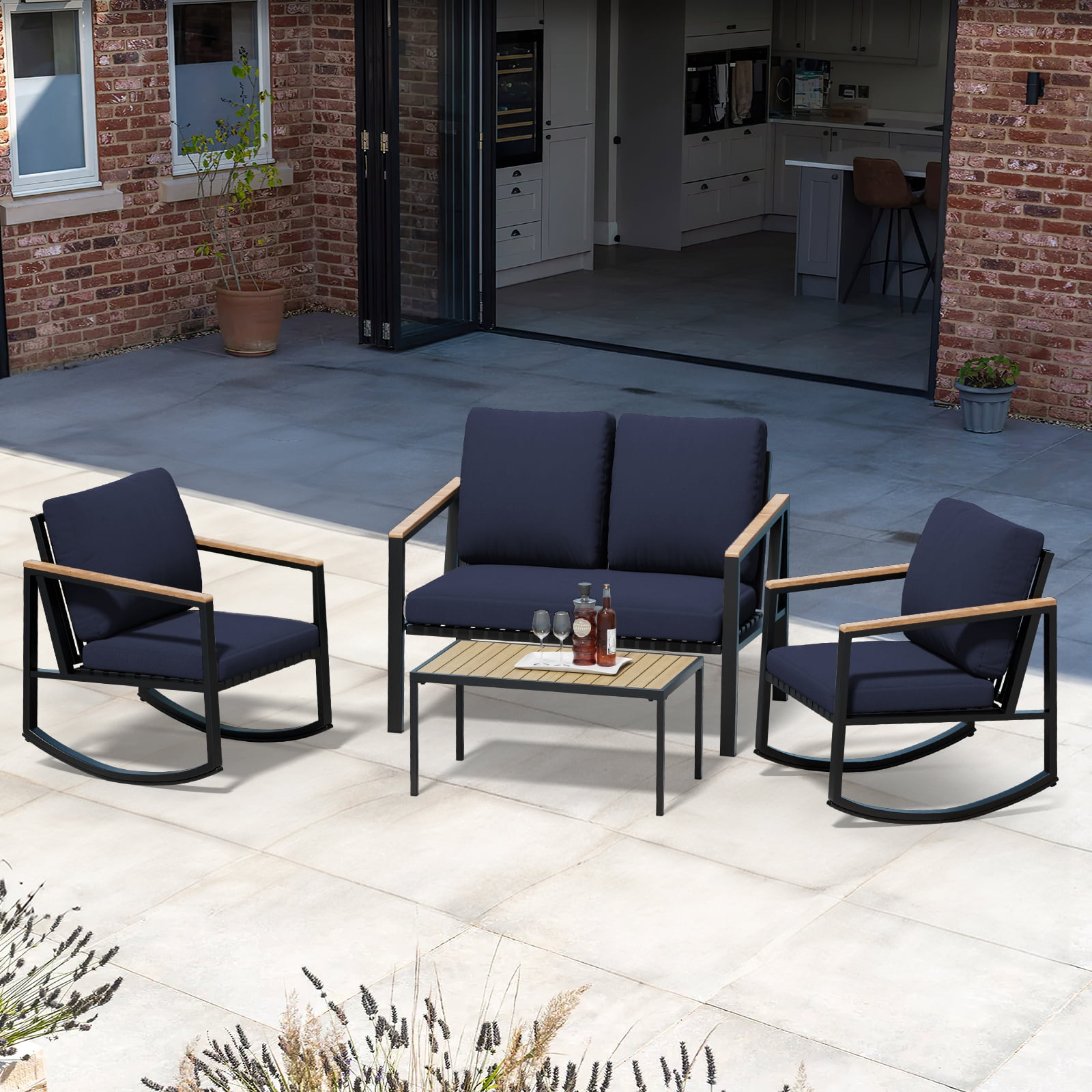 JUSTLET 4-Piece Patio Set, Metal Outdoor Set with Table, 2 Rocking ...