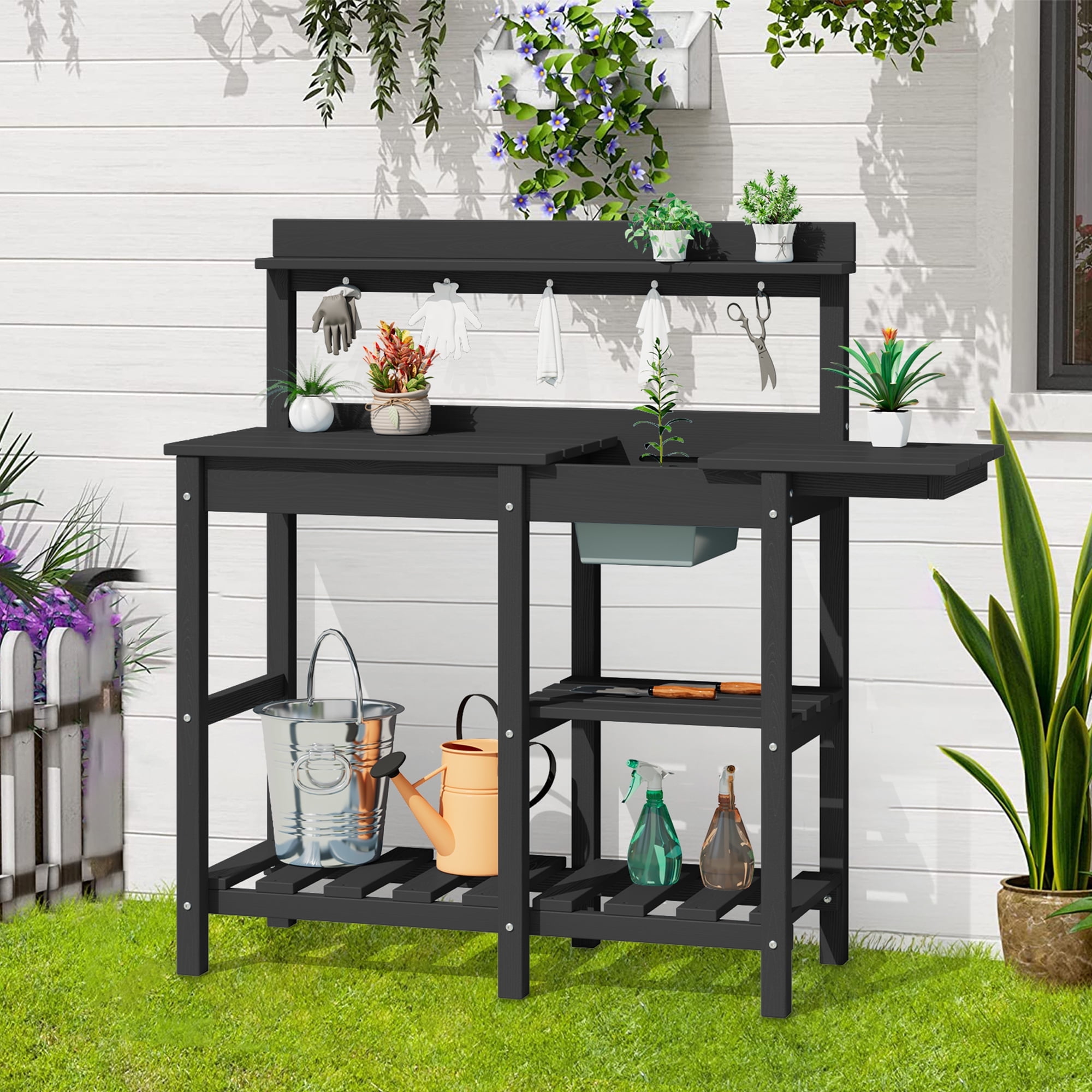 JUSTLET Potting Bench Outdoor Potting Table with Sink, HDPE gardening ...