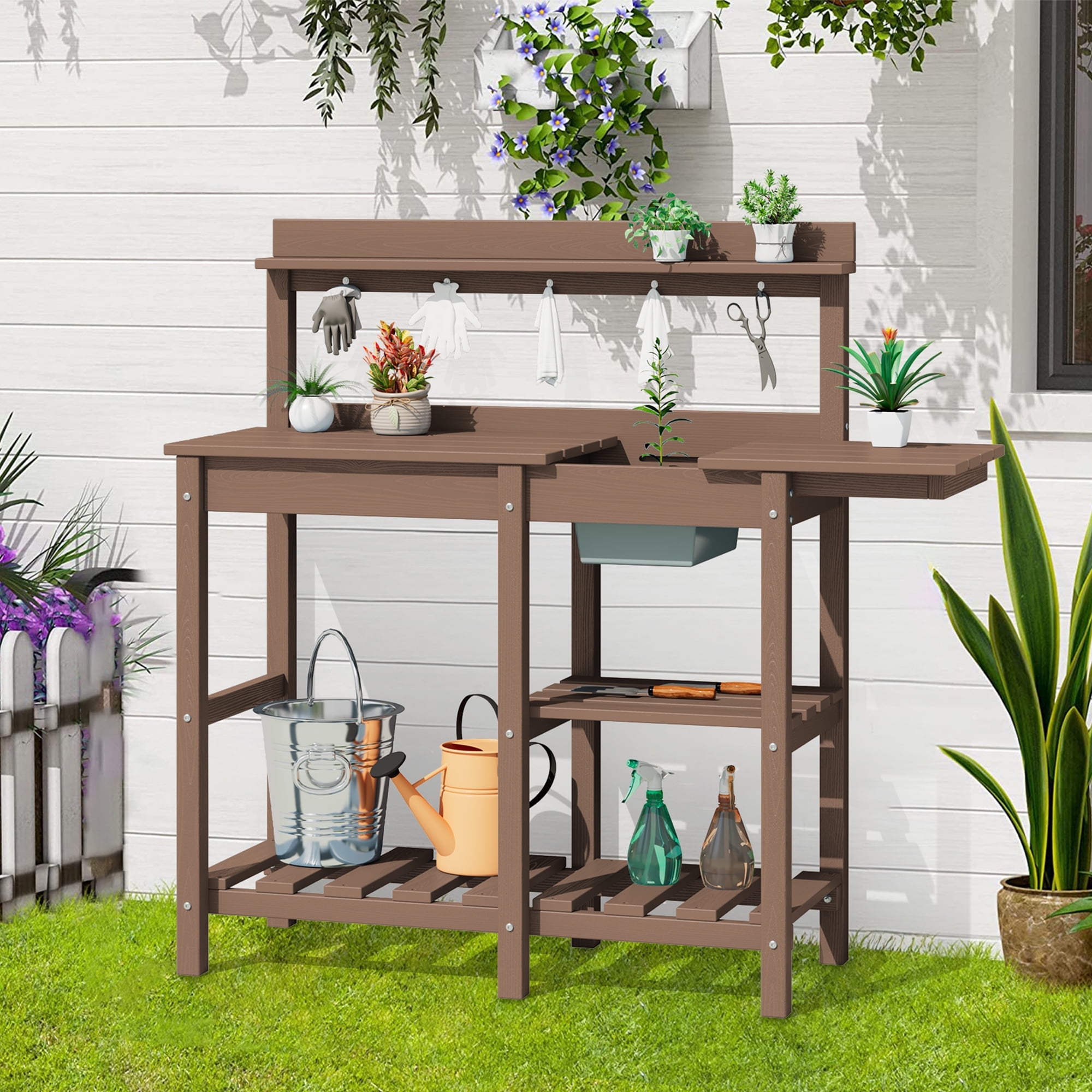 JUSTLET Potting Bench Outdoor Potting Table with Sink, HDPE gardening ...