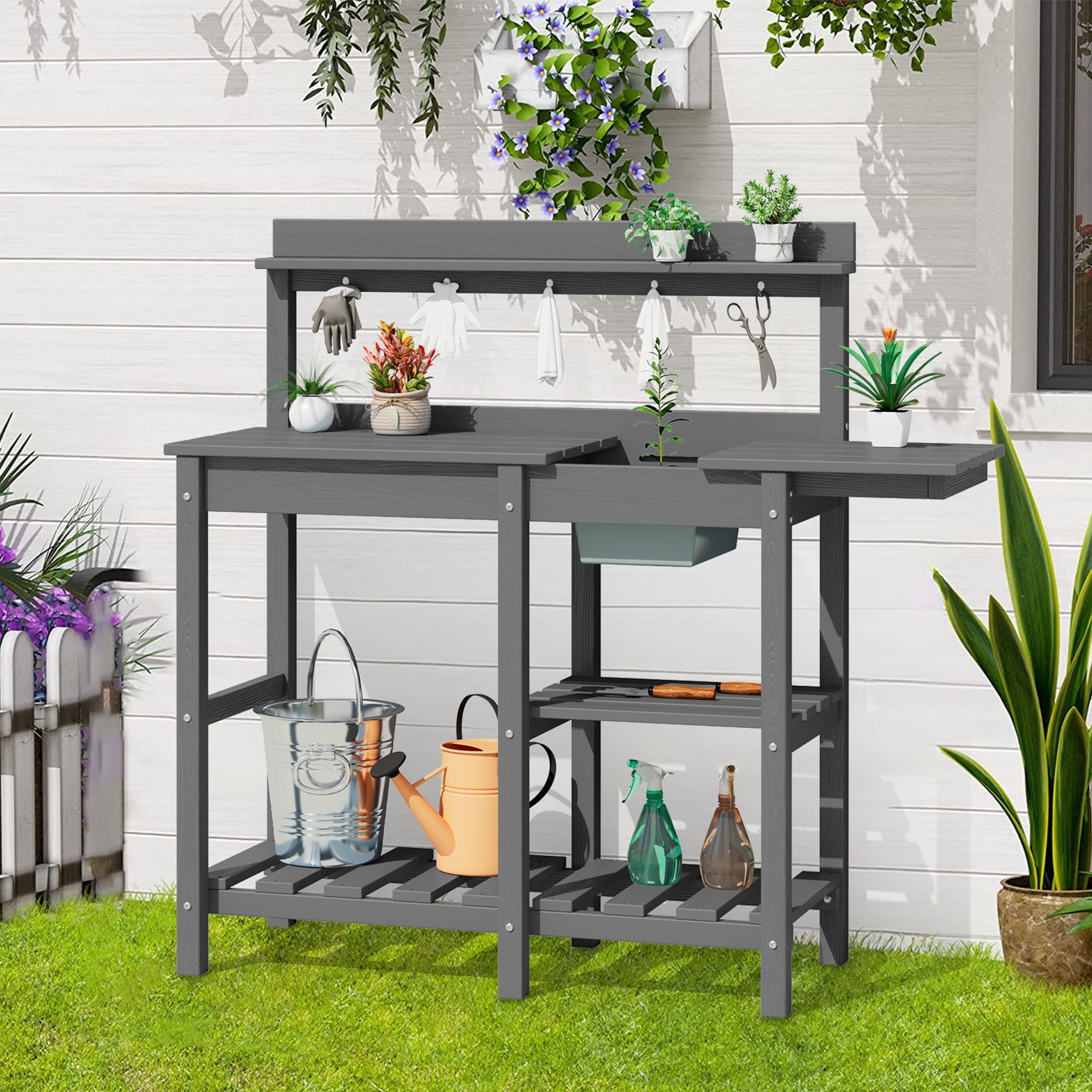 JUSTLET Potting Bench Outdoor Potting Table with Sink, HDPE gardening ...