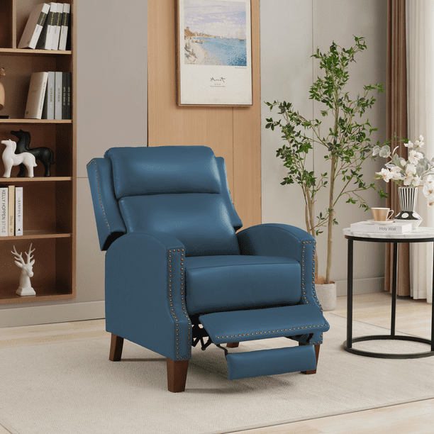 JUSTLET Genuine Leather Recliner Pushback Recliner Adjustable Reclining Chair Single Sofa for Living Room Bedroom Office Blue