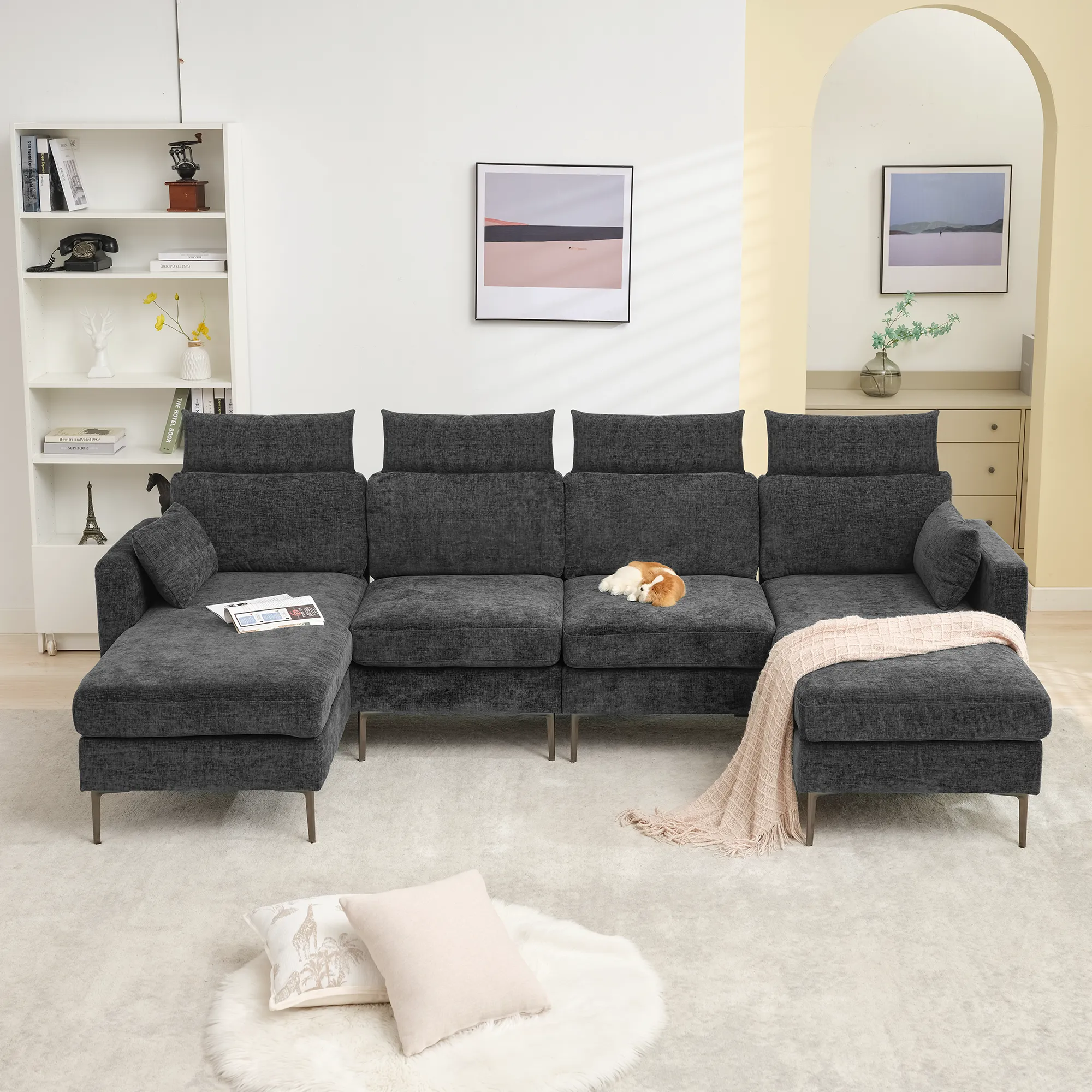 JUSTLET Sectional Sofa Set, U-Shaped Chenille Fabric Couch with Double ...