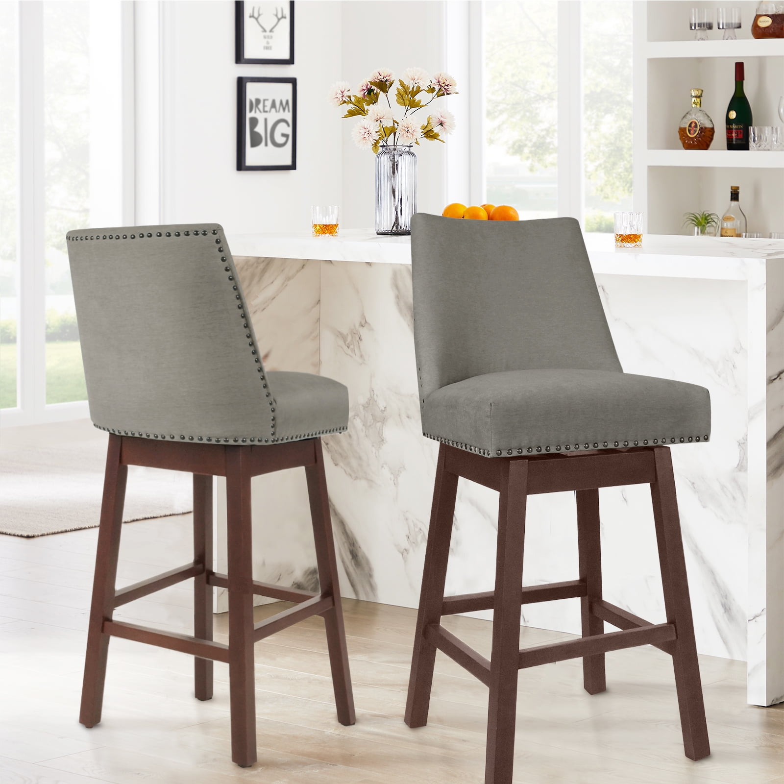 JUSTLET Swivel Counter Height Bar Stools Set of 2, Upholstered Dining Barstools with Back, Gray ...
