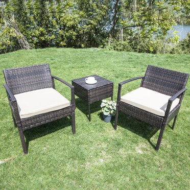Blaine Outdoor 3 Piece Swivel Wicker Chat Set with Cushions, Dark Brown ...