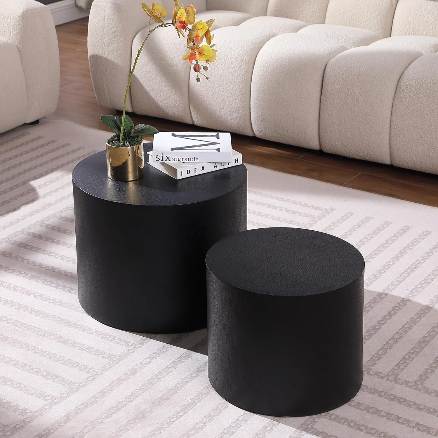 JUSTONE Nesting Coffee Table Set of 2, Modern Round Matte Black Wooden ...