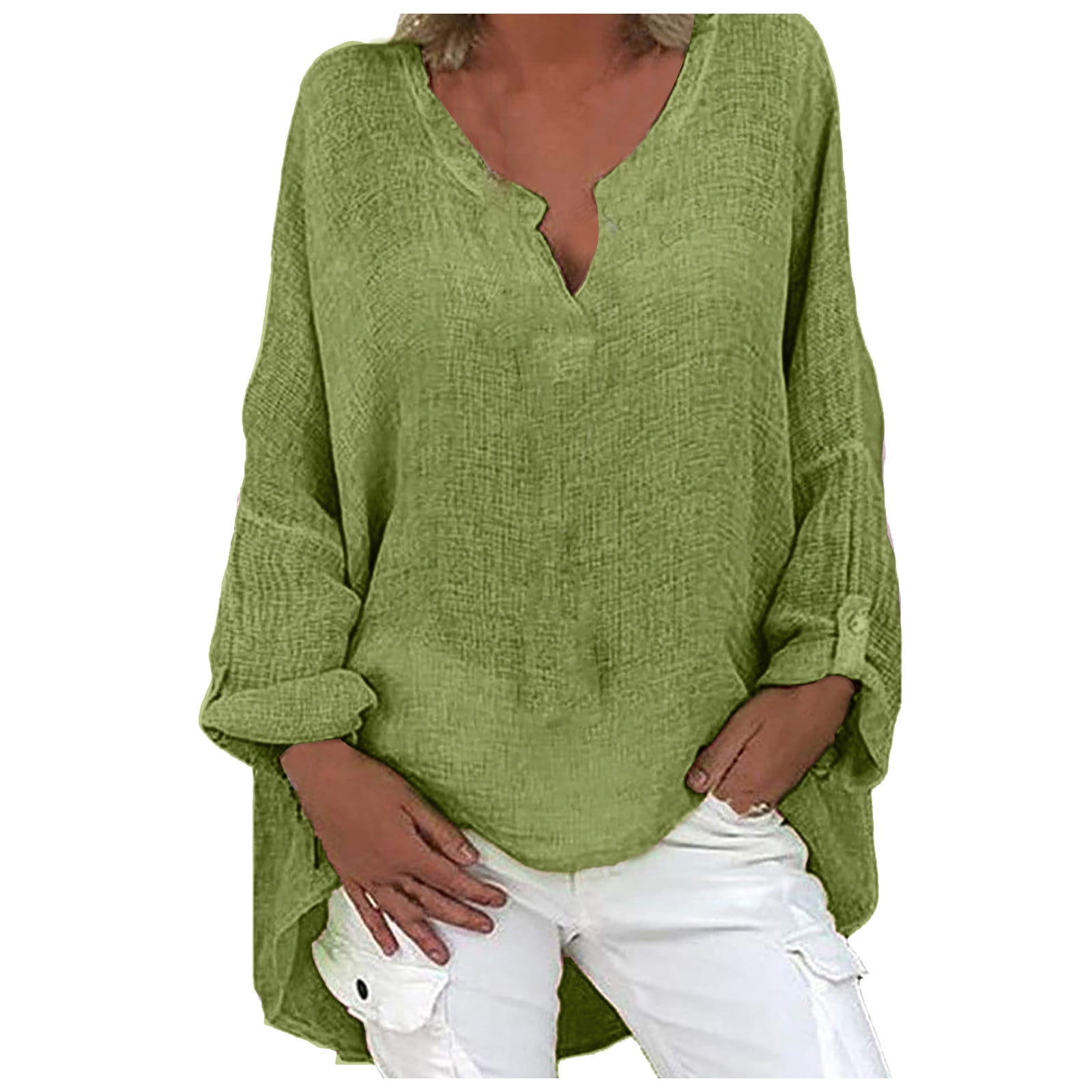 JUUYY Fall Linen Shirts for Women Plus Size Casual Long Sleeve V Neck ...