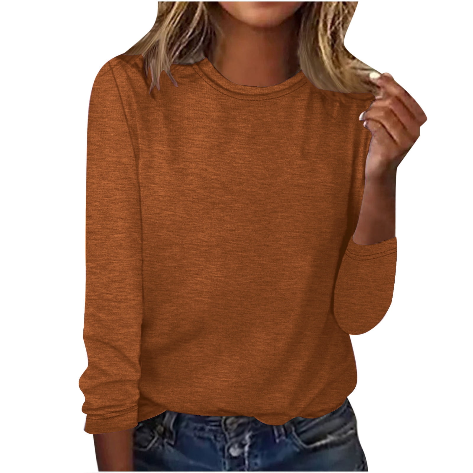JUUYY Fall Shirts for Women Casual Long Sleeve Round Neck Solid ...
