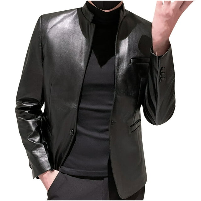 JUUYY Leather Blazer for Men Real Lambskin Mens Leather Blazer Classic 2 Buttons Black Leather ...