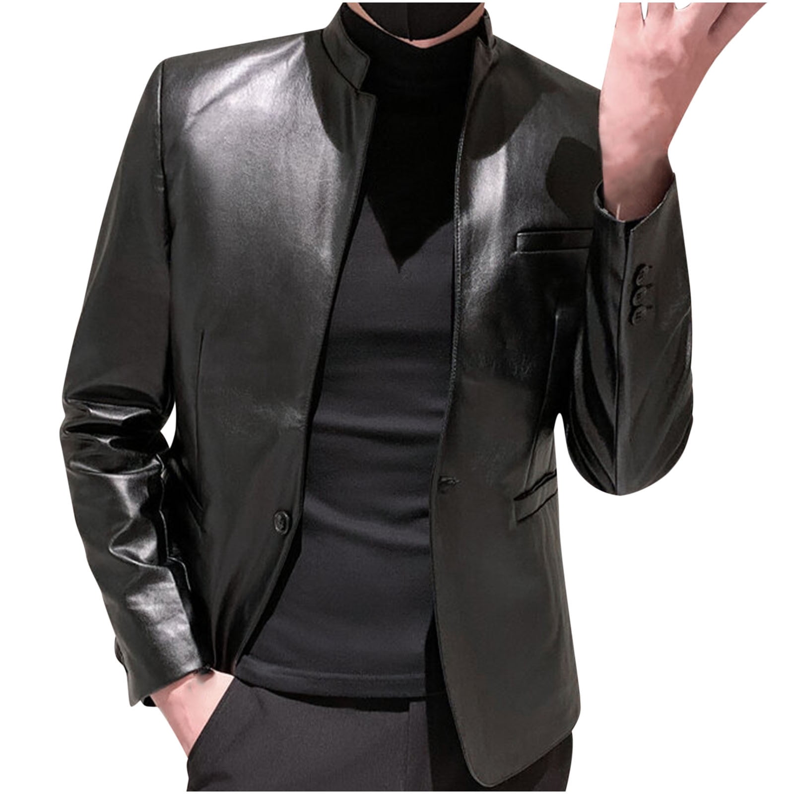 JUUYY Leather Blazer for Men Real Lambskin Mens Leather Blazer Classic 2 Buttons Black Leather ...
