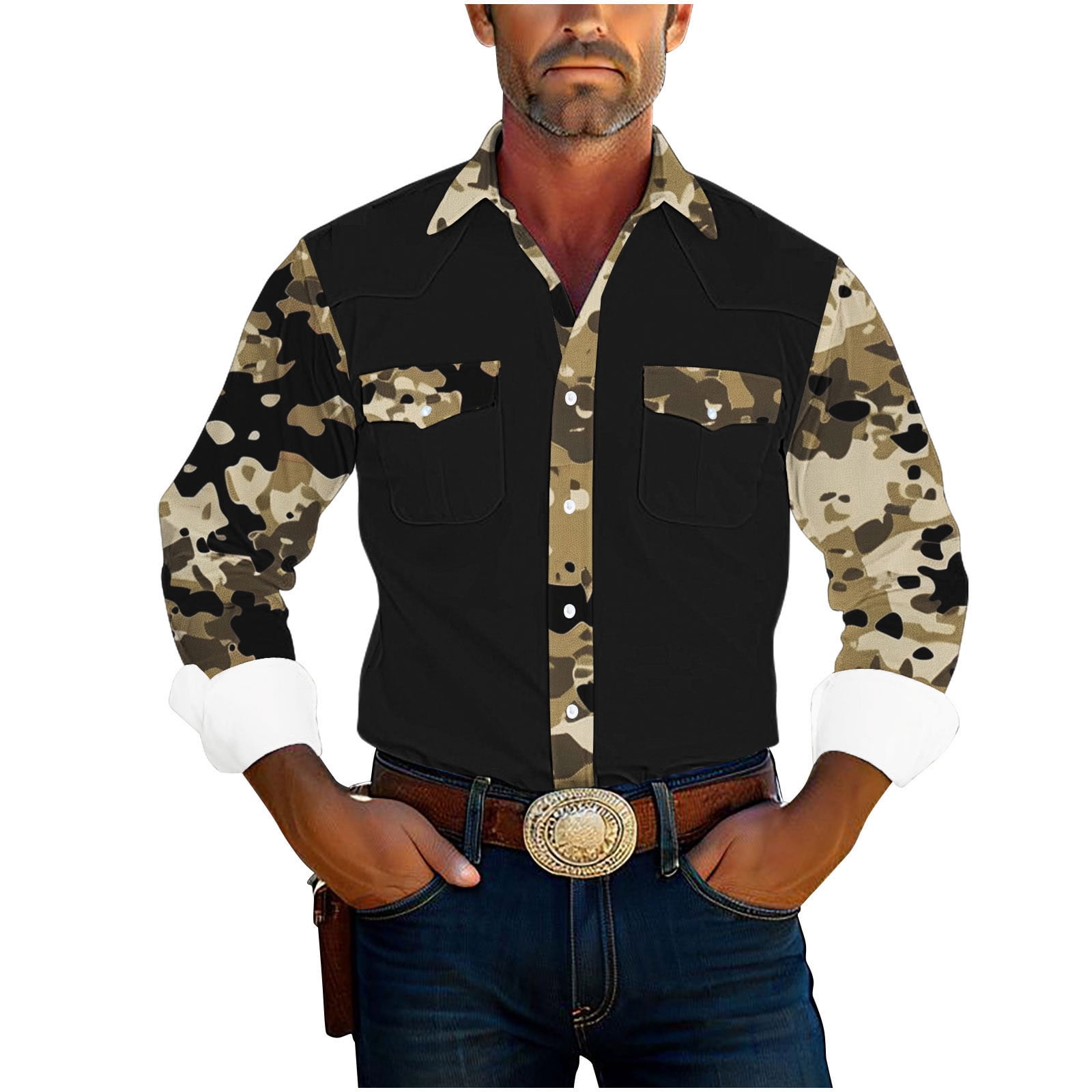 JUUYY Men Camouflage Western Style Shirt Camo Long Sleeve Shirts Casual ...
