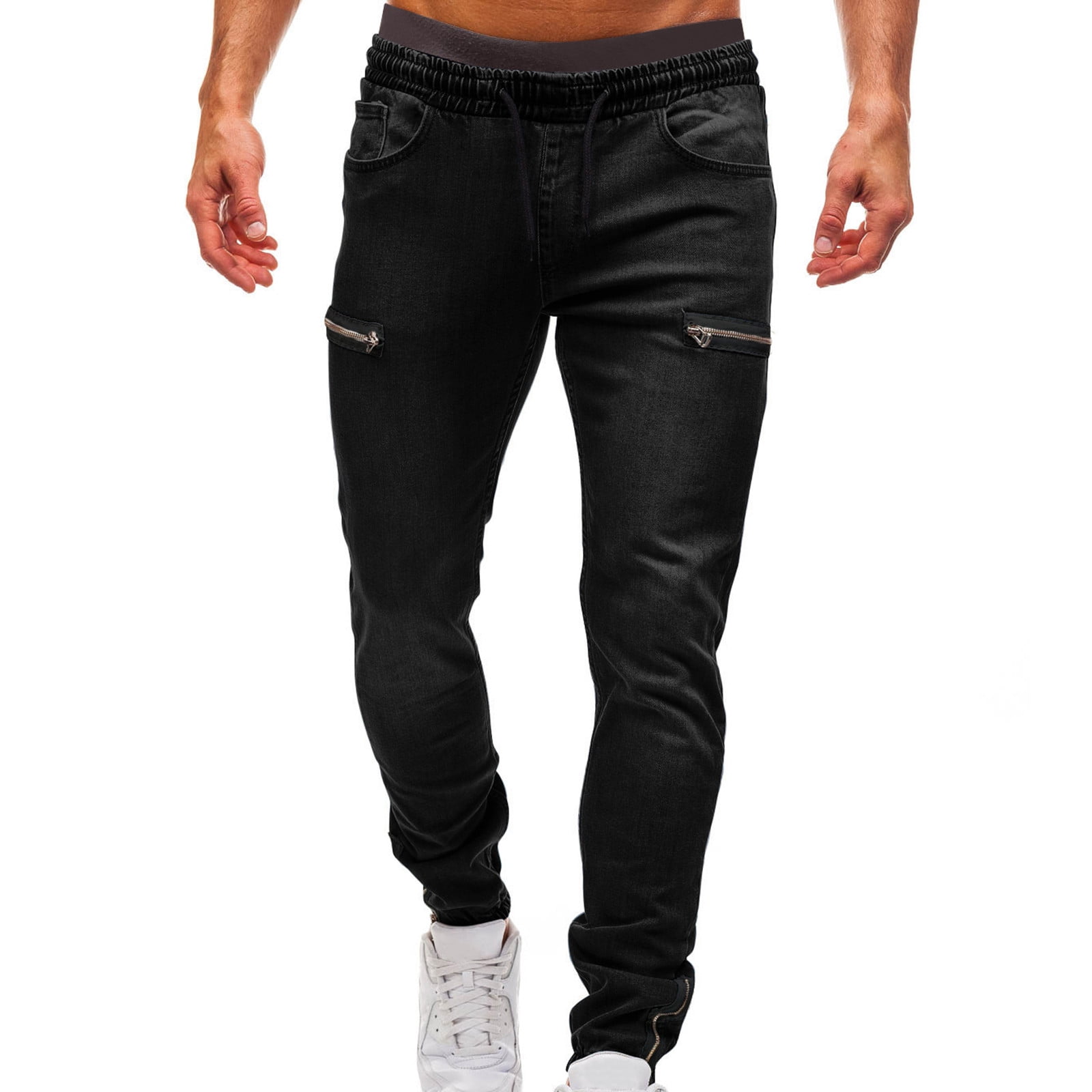 JUUYY Men's Denim Jogger Pants Slim Fit Zipper Pockets Jeans Drawstring ...