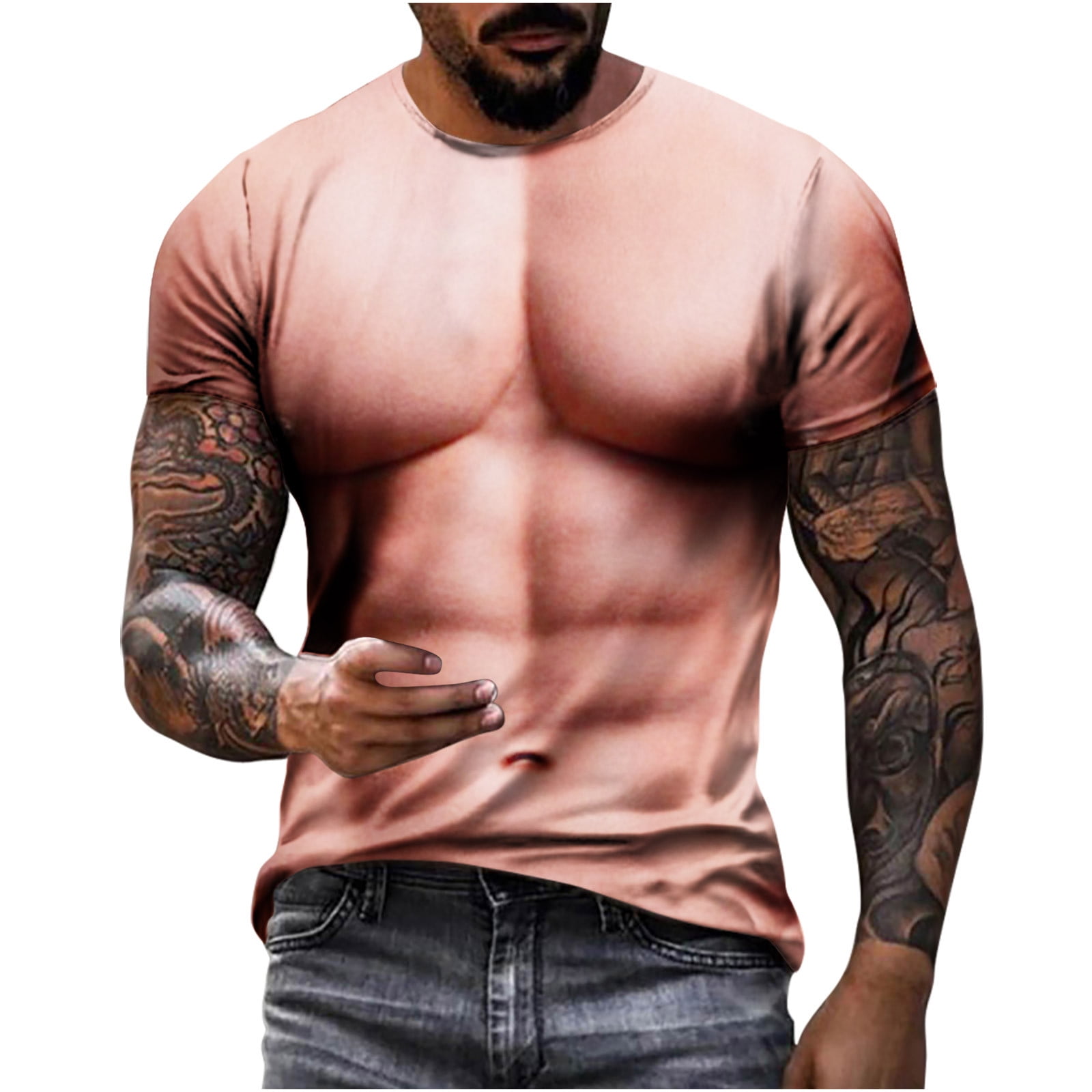 JUUYY Men's Fashion 3D Muscular Print Short Sleeve Shirt Summer Fitness ...