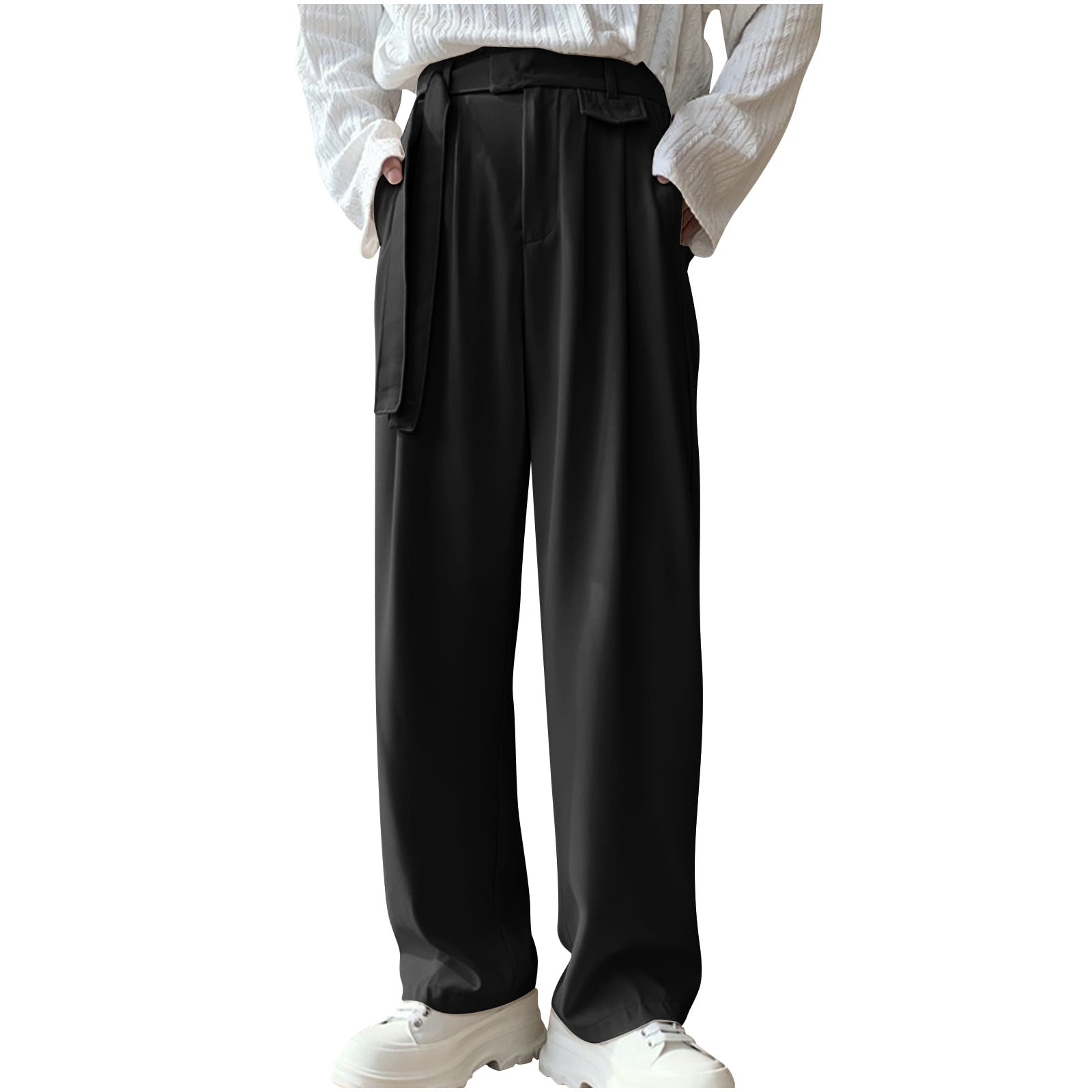 JUUYY Men's Fold Pleated Straight Wide Leg Suit Pants Business Casual ...