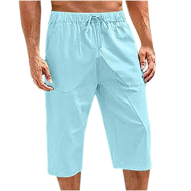 Juuyy Mens Linen Cotton Capri Pants Loose Fit Elastic Waist Wide Solid
