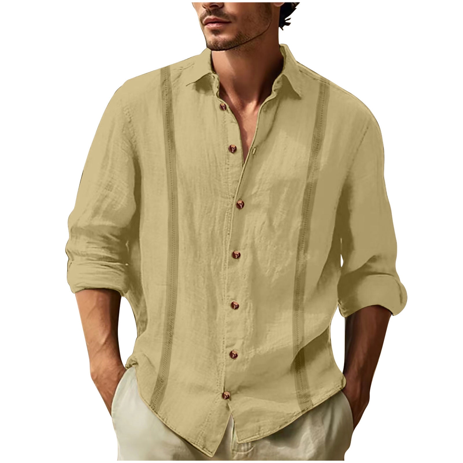 JUUYY Men's Linen Shirts Long Sleeve Button Down Tops Loose Lapel ...