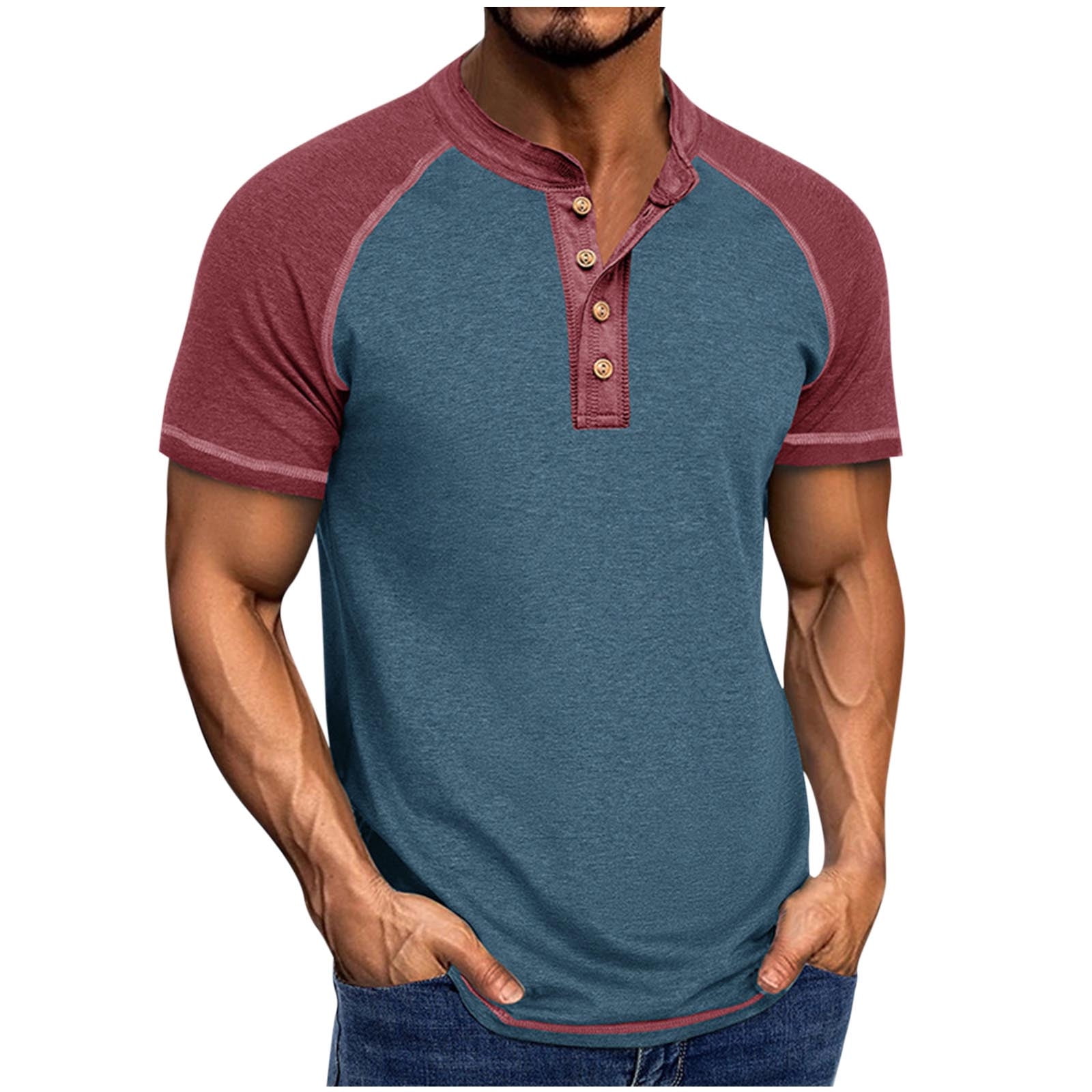 JUUYY Men's Short Sleeve Henley Shirt Color Block Raglan Sleeve Casual ...