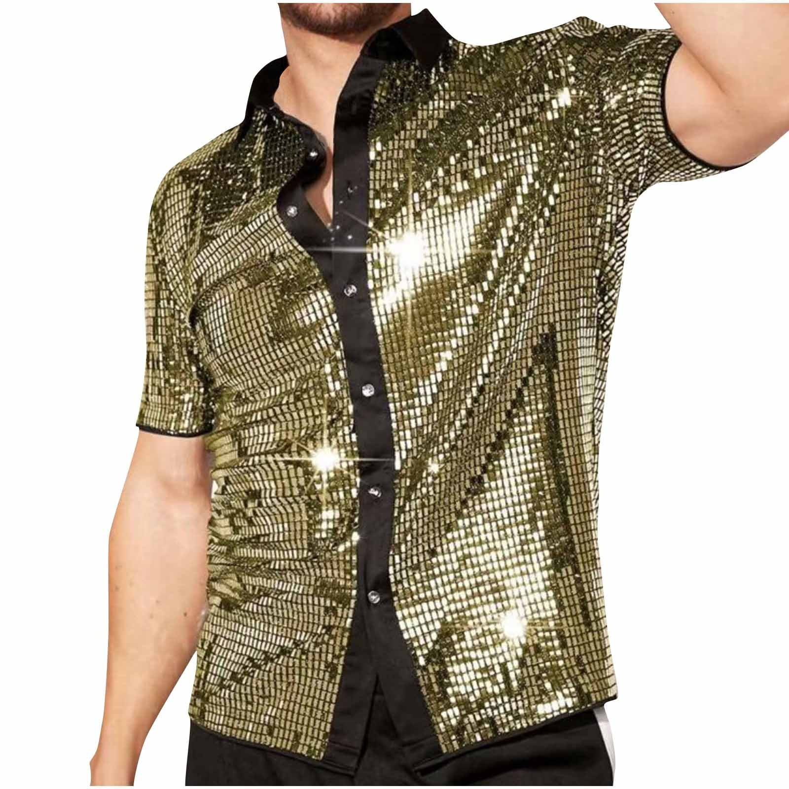 JUUYY Mens Button Down Disco Shirt Outfit Men Retro 70s Shirts for Men Sequin Metallic Short ...