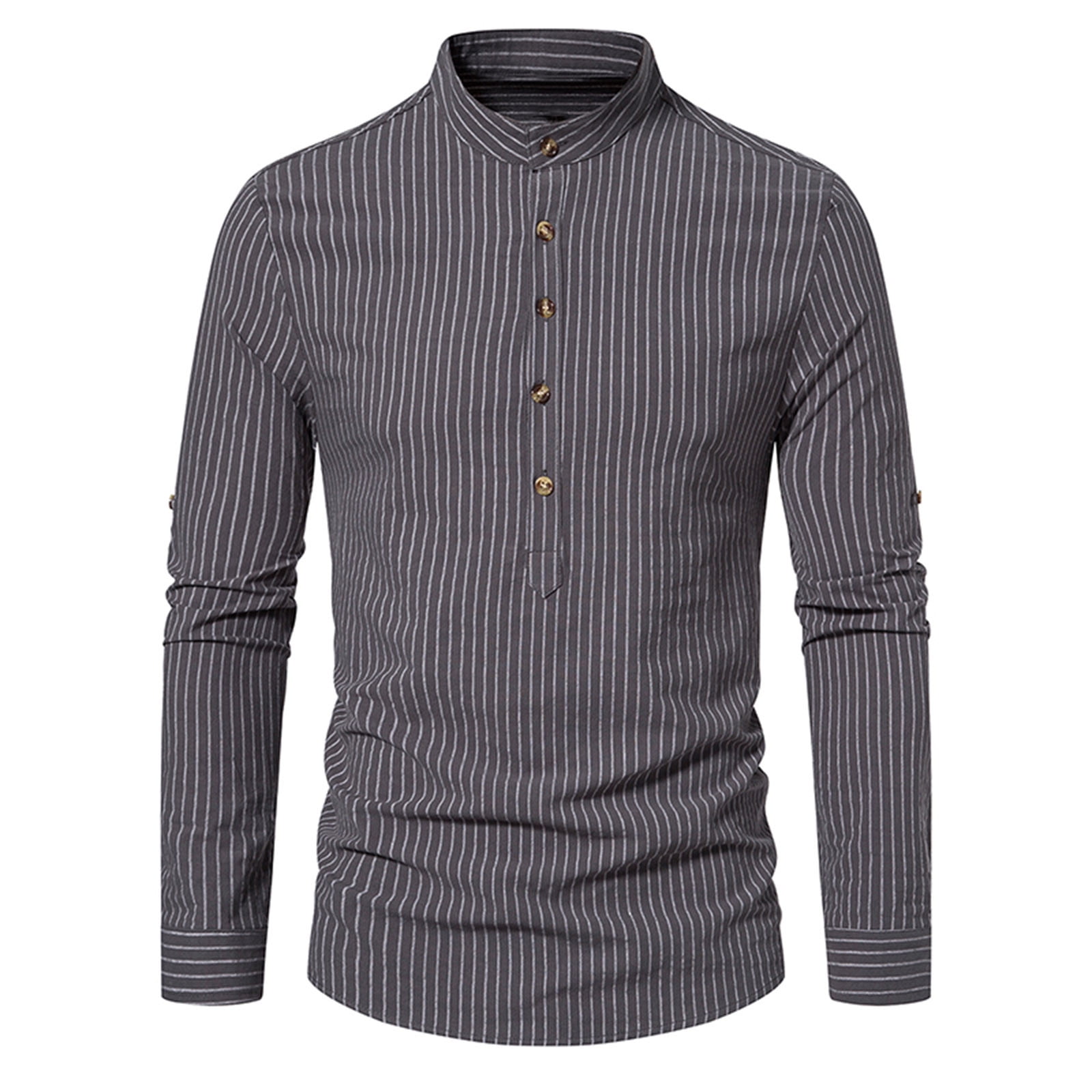 JUUYY Mens Casual Banded Collar Stripe Dress Shirts Long Sleeve Button ...